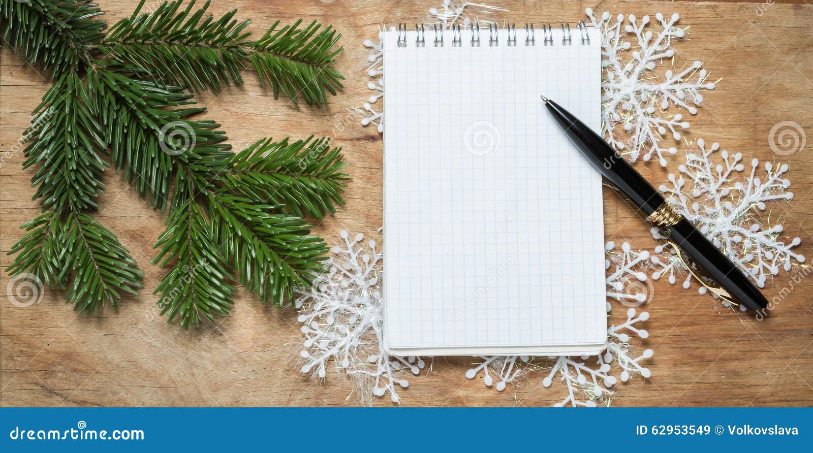 Pen and Notepad on Old Rustic Table Decorated with a Fir Branch. Stock ...
