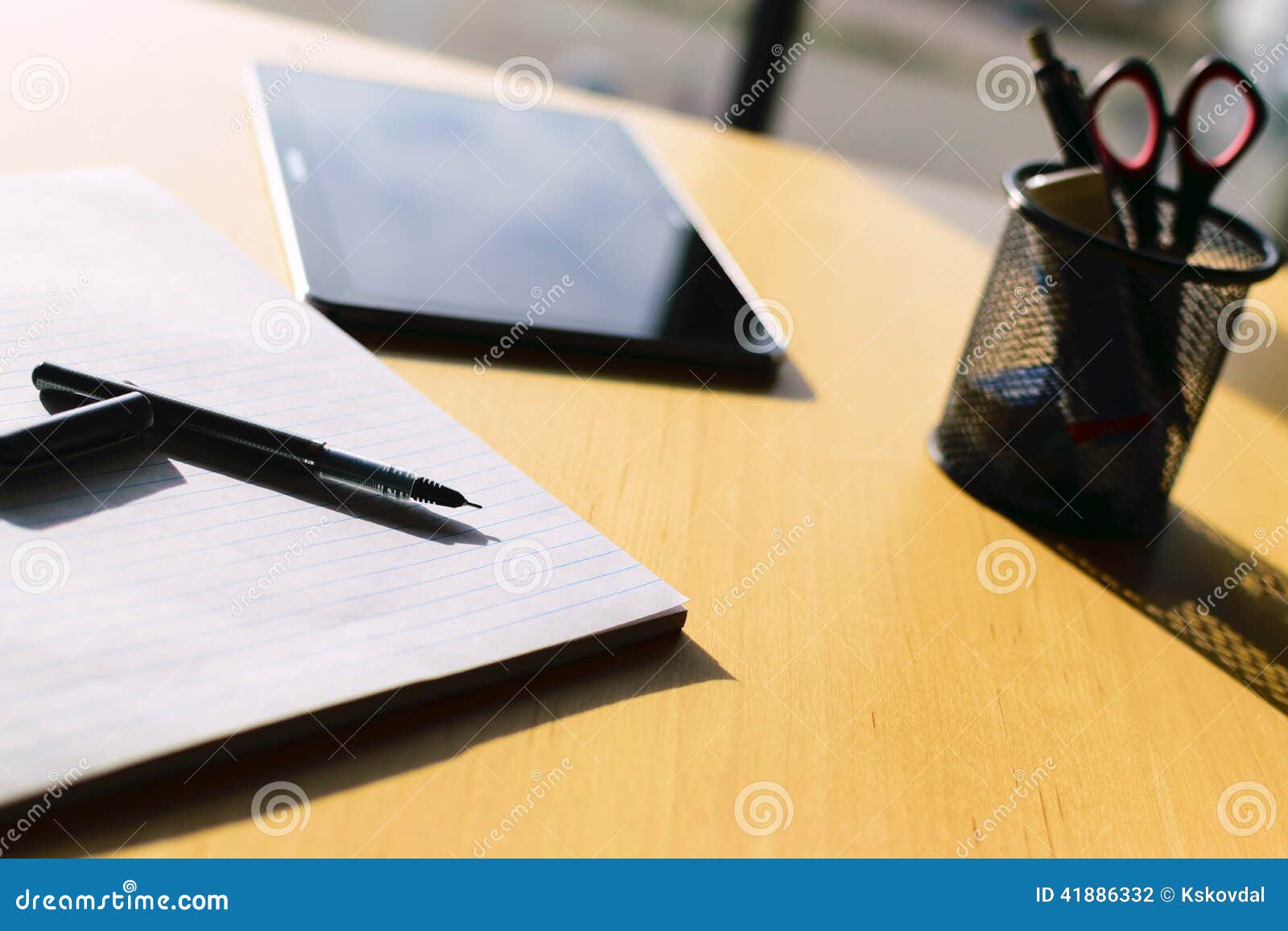 Pen, Paper and Tablet on Table Stock Photo - Image of shadow, suit ...