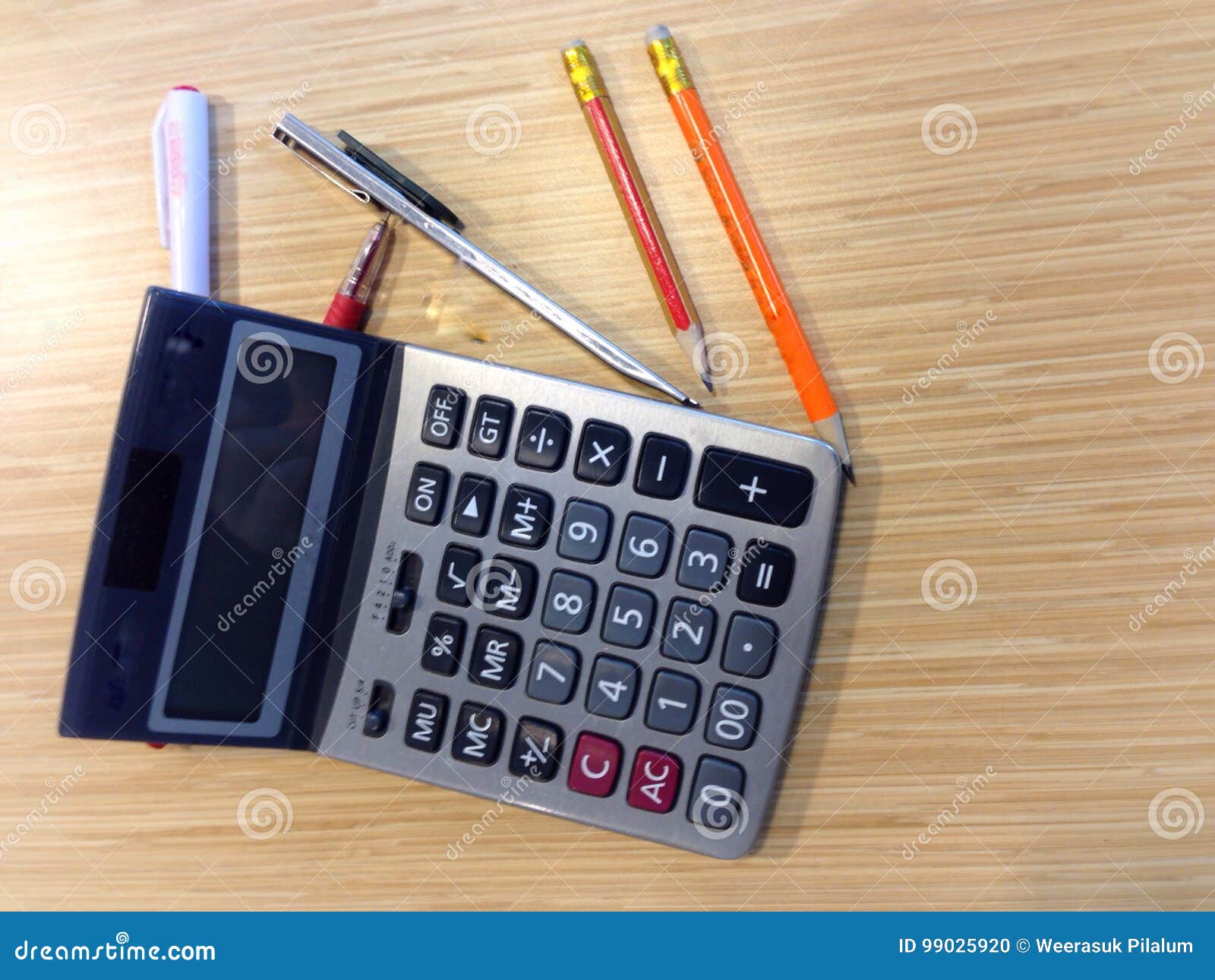 Pen,pencil and Calculator on Wooden Surface Stock Photo - Image of ...