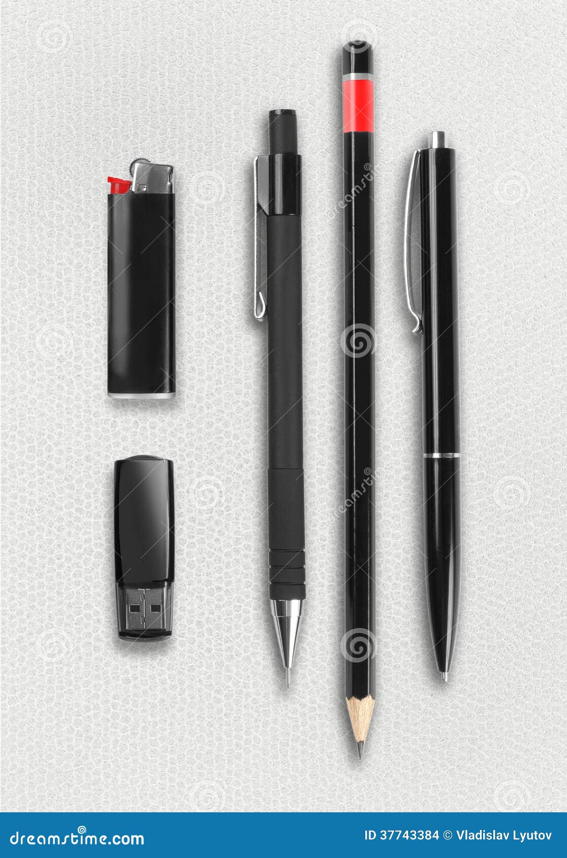 Pen, Pencil, Ligter and Flash Drive Set. Stock Photo - Image of grey ...