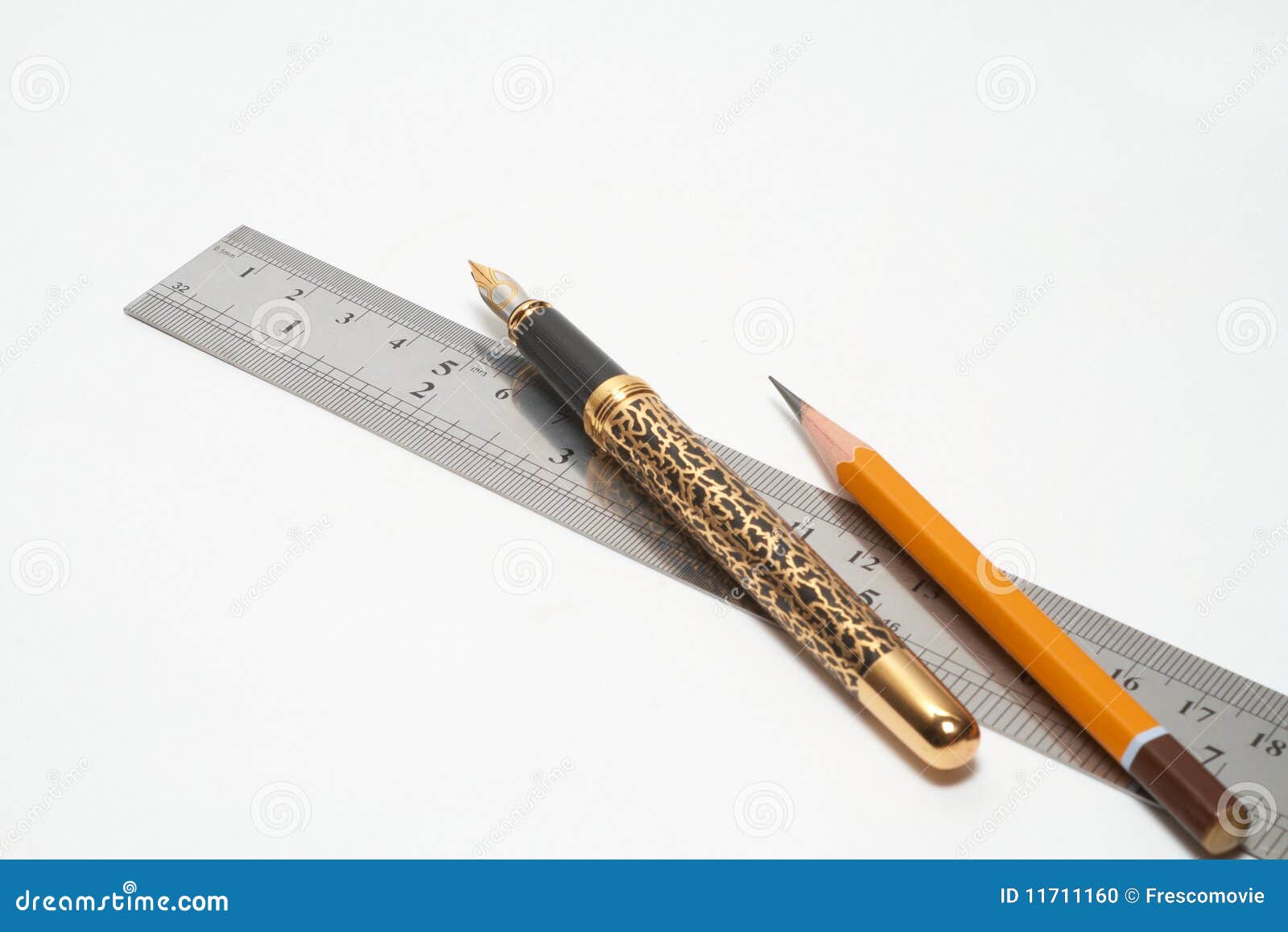 Pen and Pencil on Steel Ruler Stock Photo - Image of draw, cutout: 11711160