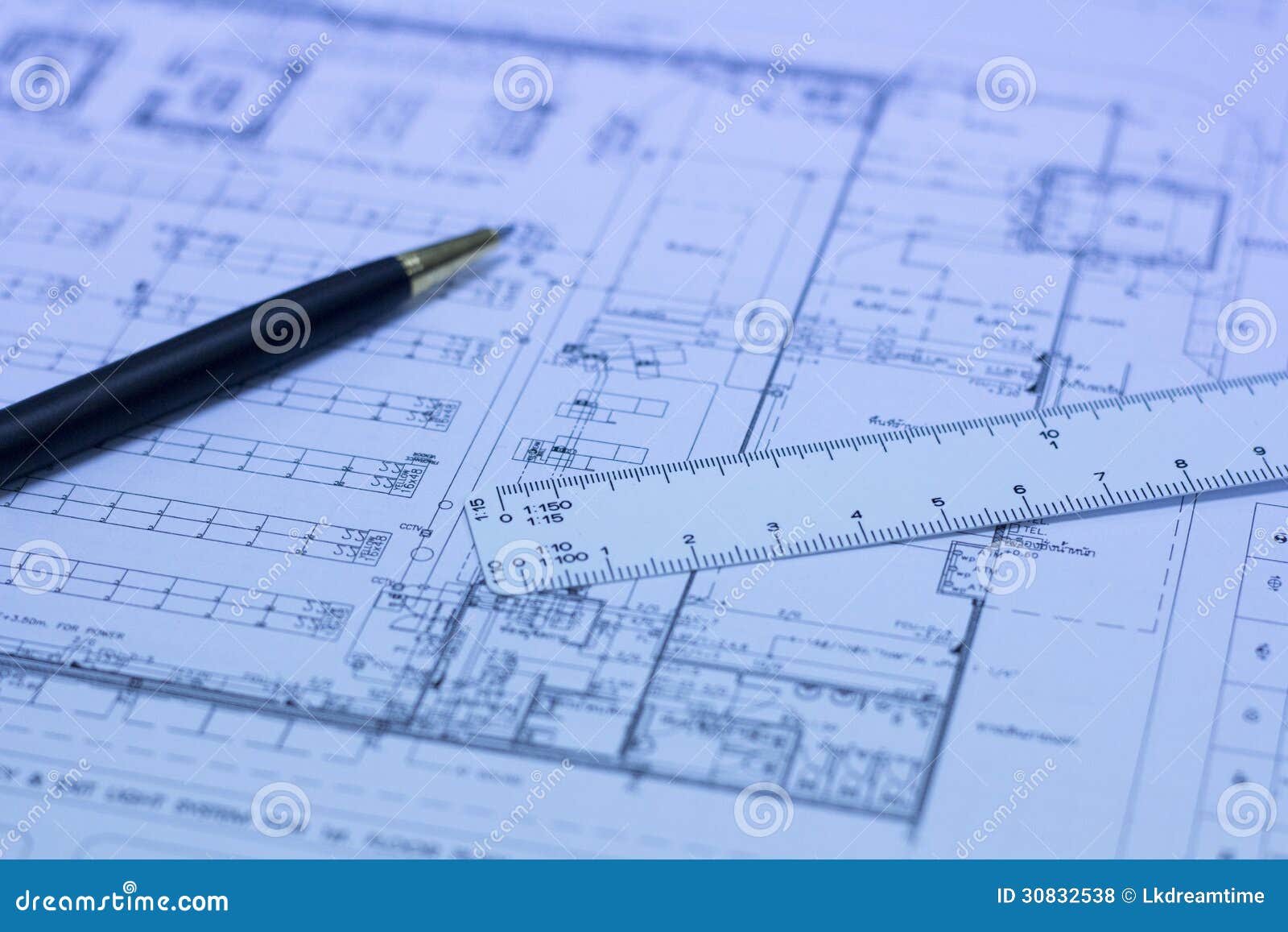 Pen, Scale Ruler and Blueprint Stock Photo - Image of contractor, idea ...
