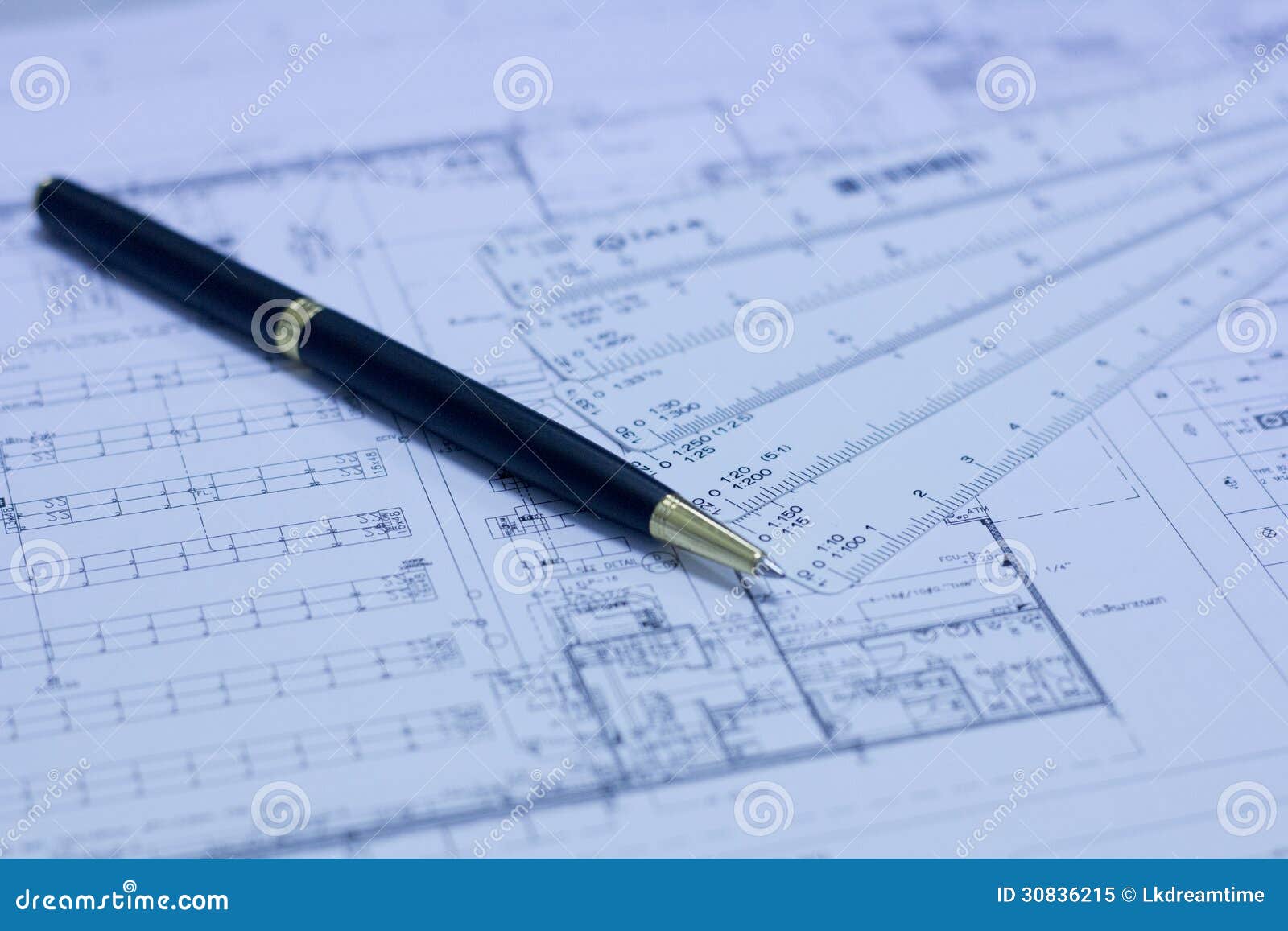 Pen, Scale Ruler and Blueprint Stock Image - Image of background ...