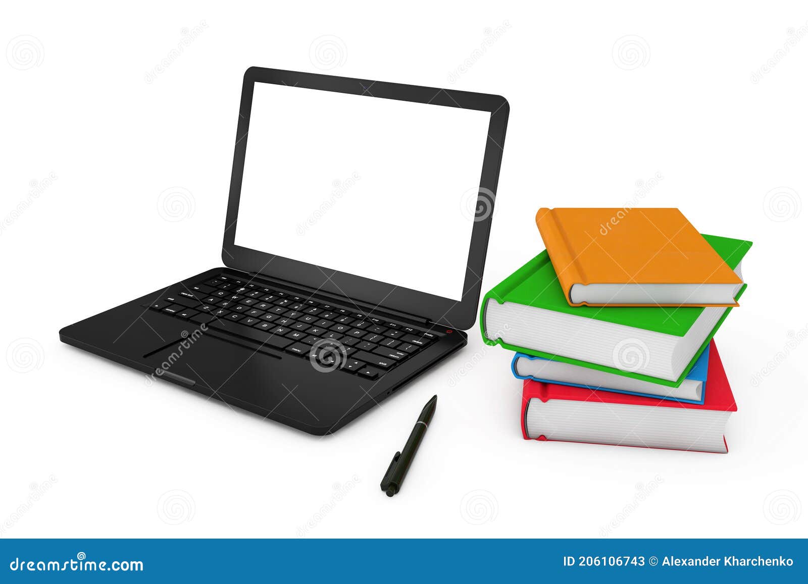 Pen and Stack of Books Near Modern Laptop Computer with Blank Screen ...
