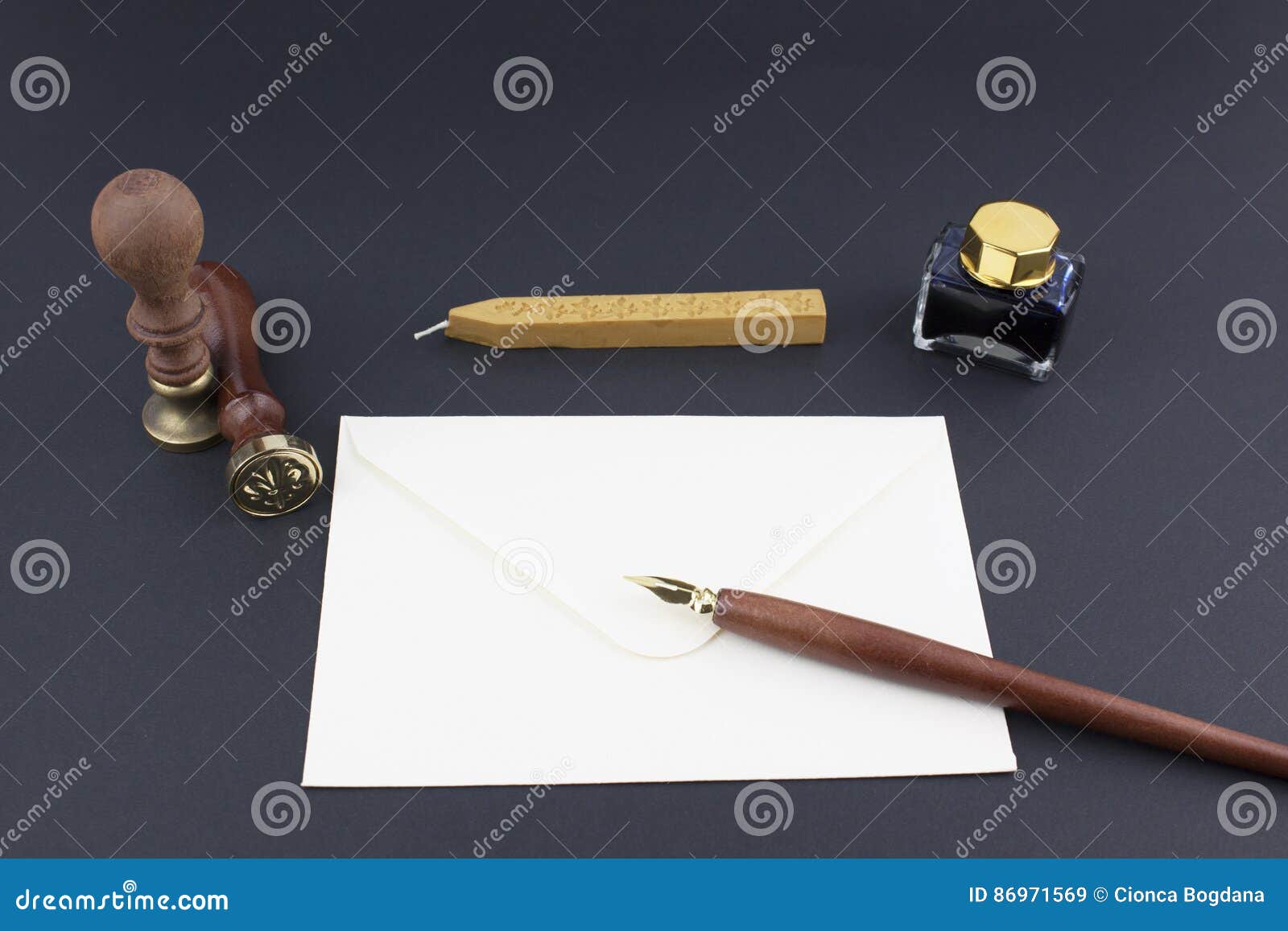 Pen, Stamp, Envelope, Ink Pot and Wax Stock Image - Image of elegant ...