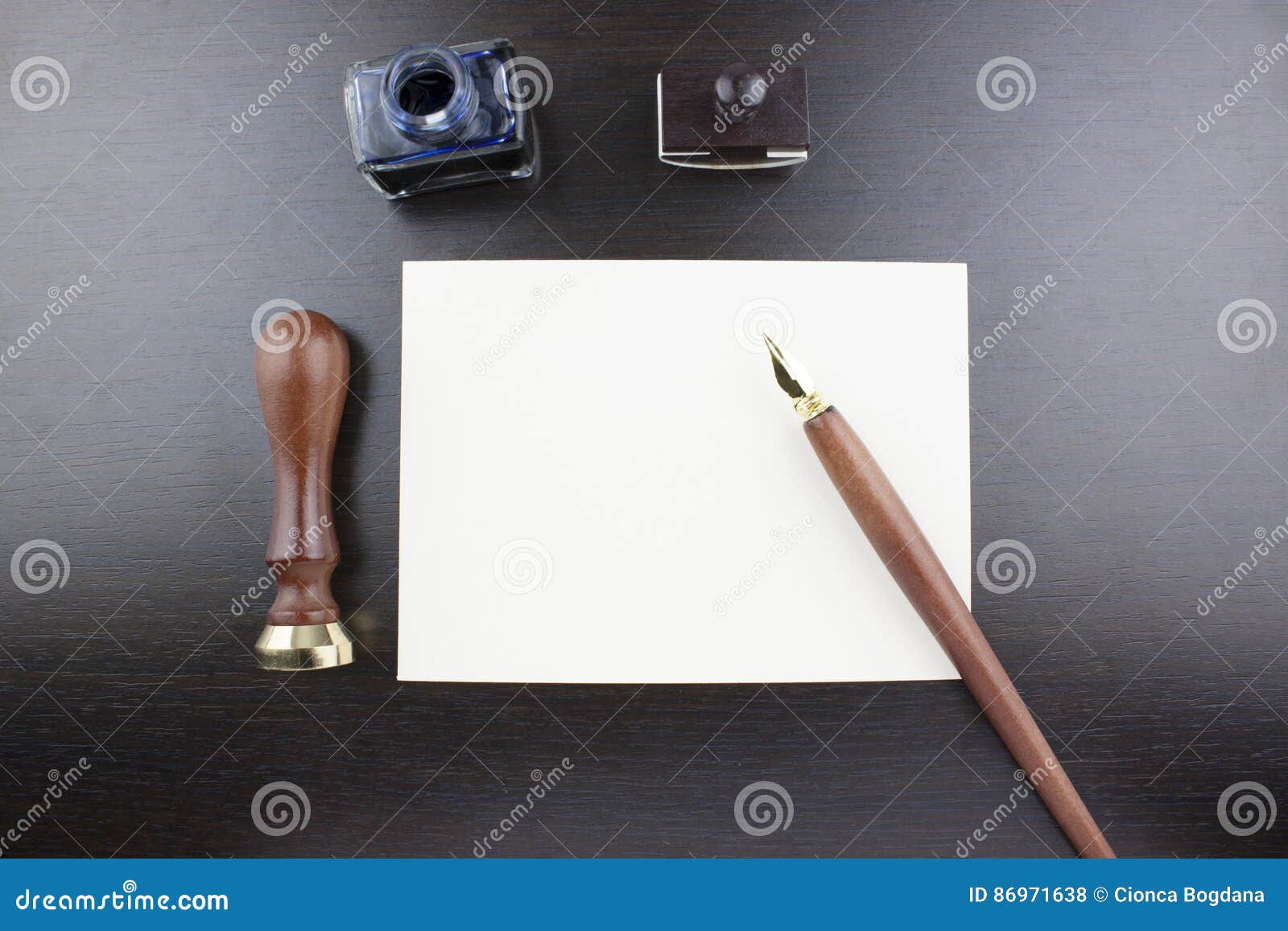 Pen, Stamp, Envelope, Ink Pot and Wax Stock Photo - Image of corporate ...