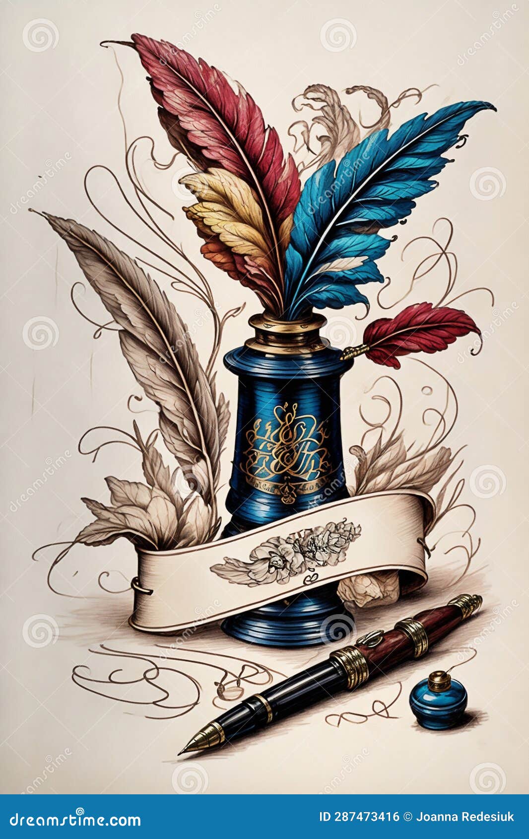 Pen for Writing Inkwell and Book Graphics in Retro Style Stock ...