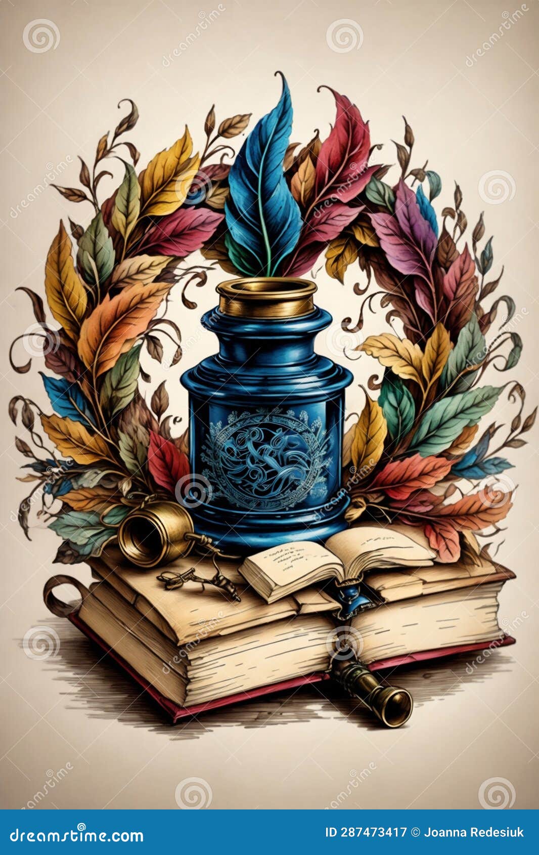 Pen for Writing Inkwell and Book Graphics in Retro Style Stock ...