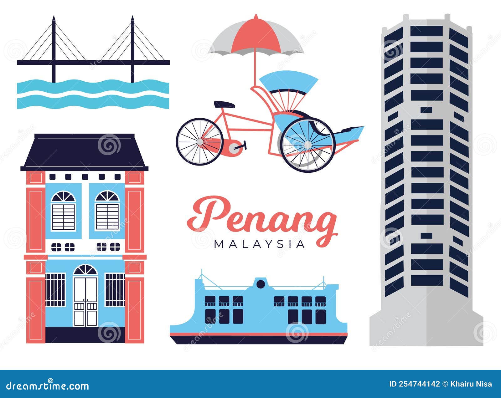 Penang Tourism Elements stock vector. Illustration of transportation ...