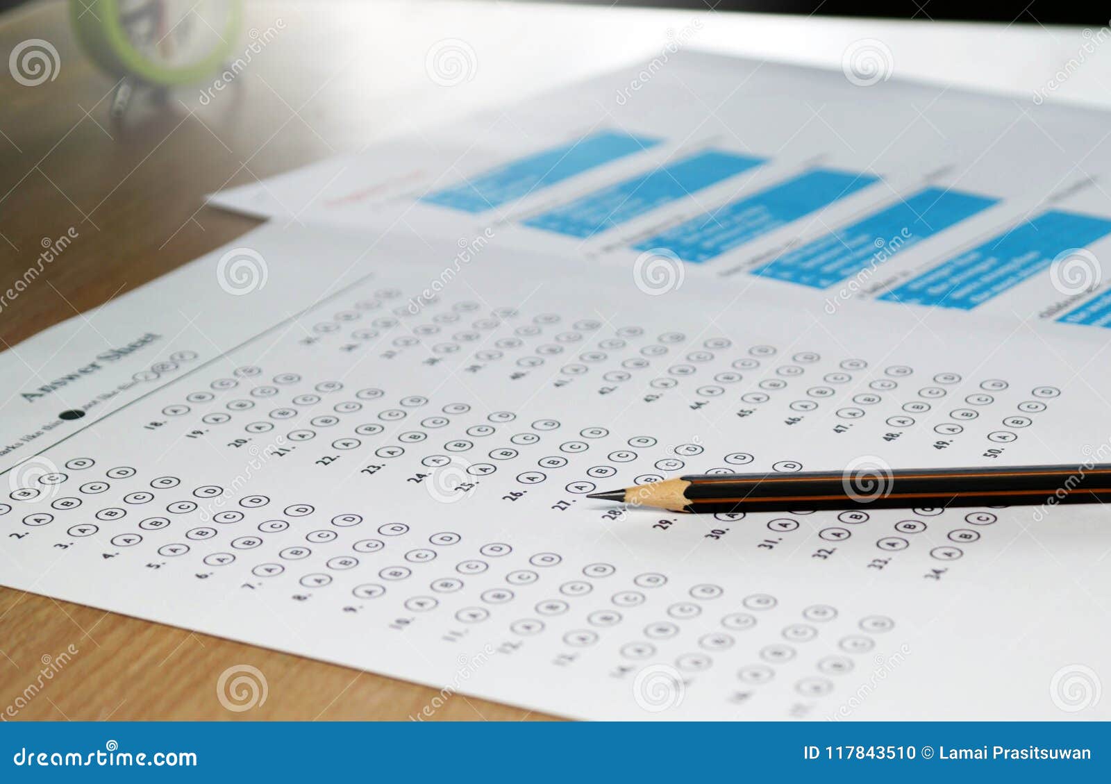 Pencil On Answer Sheets Or Standardized Test Form With Answers Bubbled ...