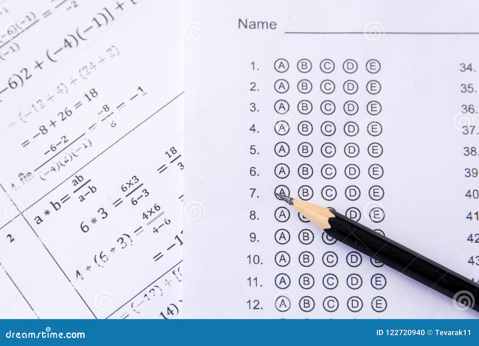 Pencil on Answer Sheets or Standardized Test Form with Answers B Stock ...
