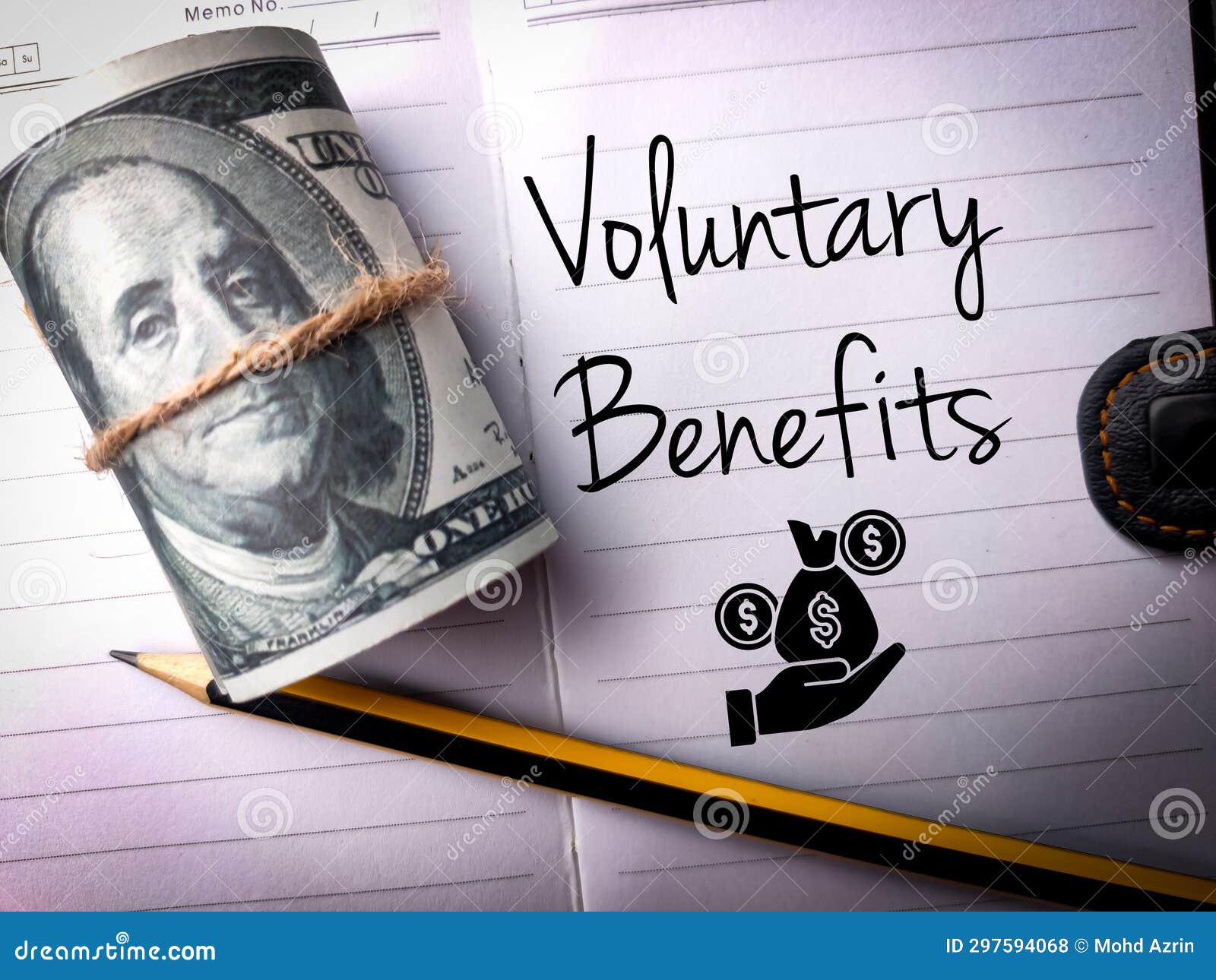 Pencil,banknotes and Icon with Text Voluntary Benefits Stock Photo ...