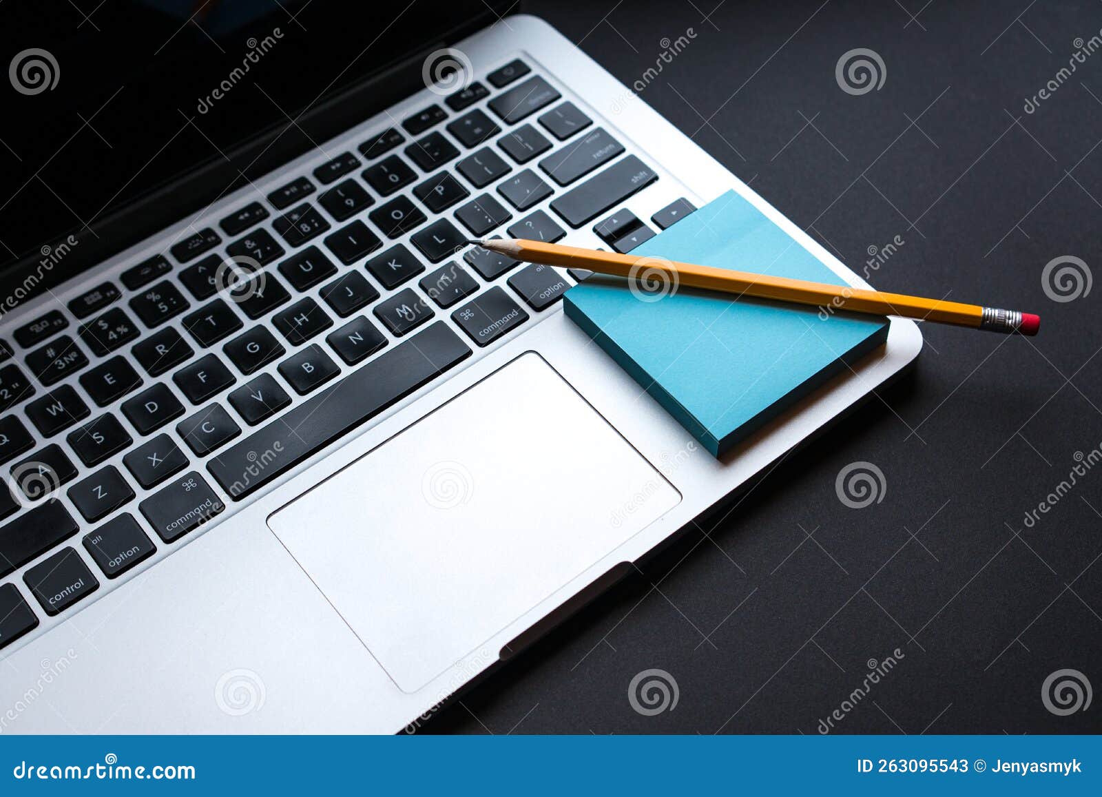 Pencil, Blue Blank Sticky Notes and Laptop Computer. the Concept of ...