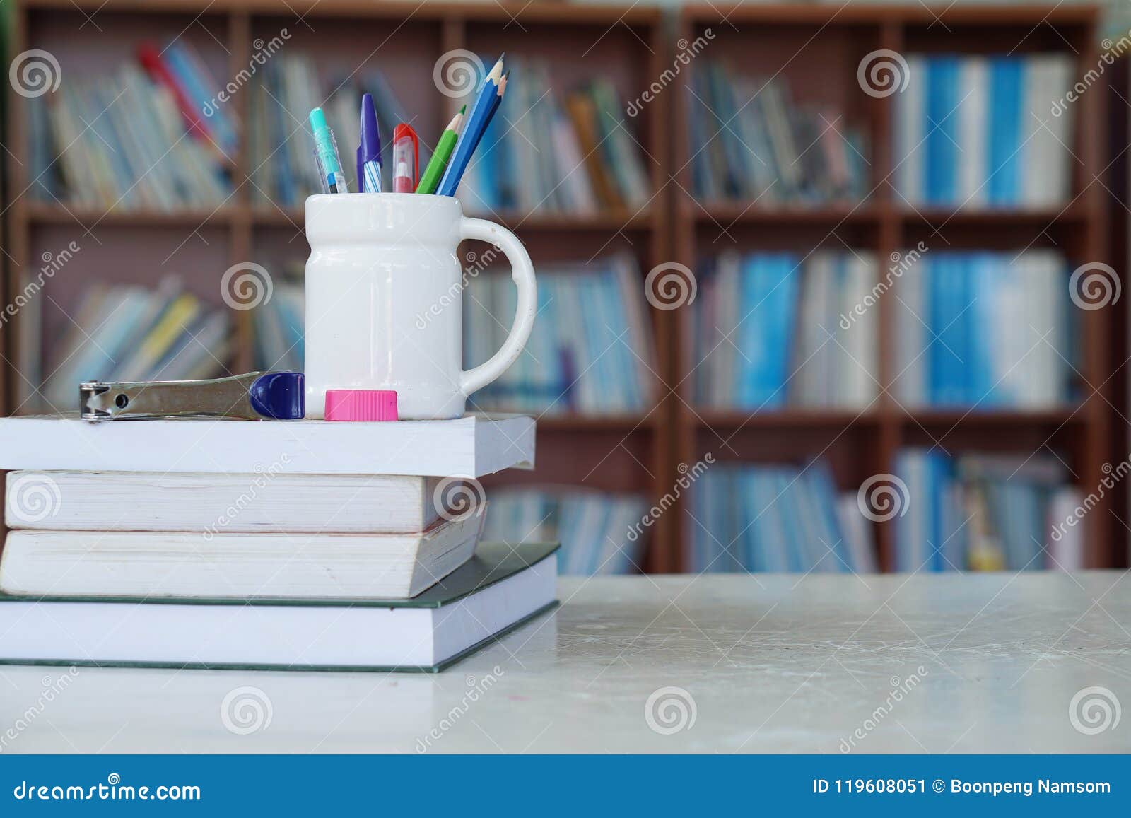 The library desk. stock image. Image of pencils, office - 119608051