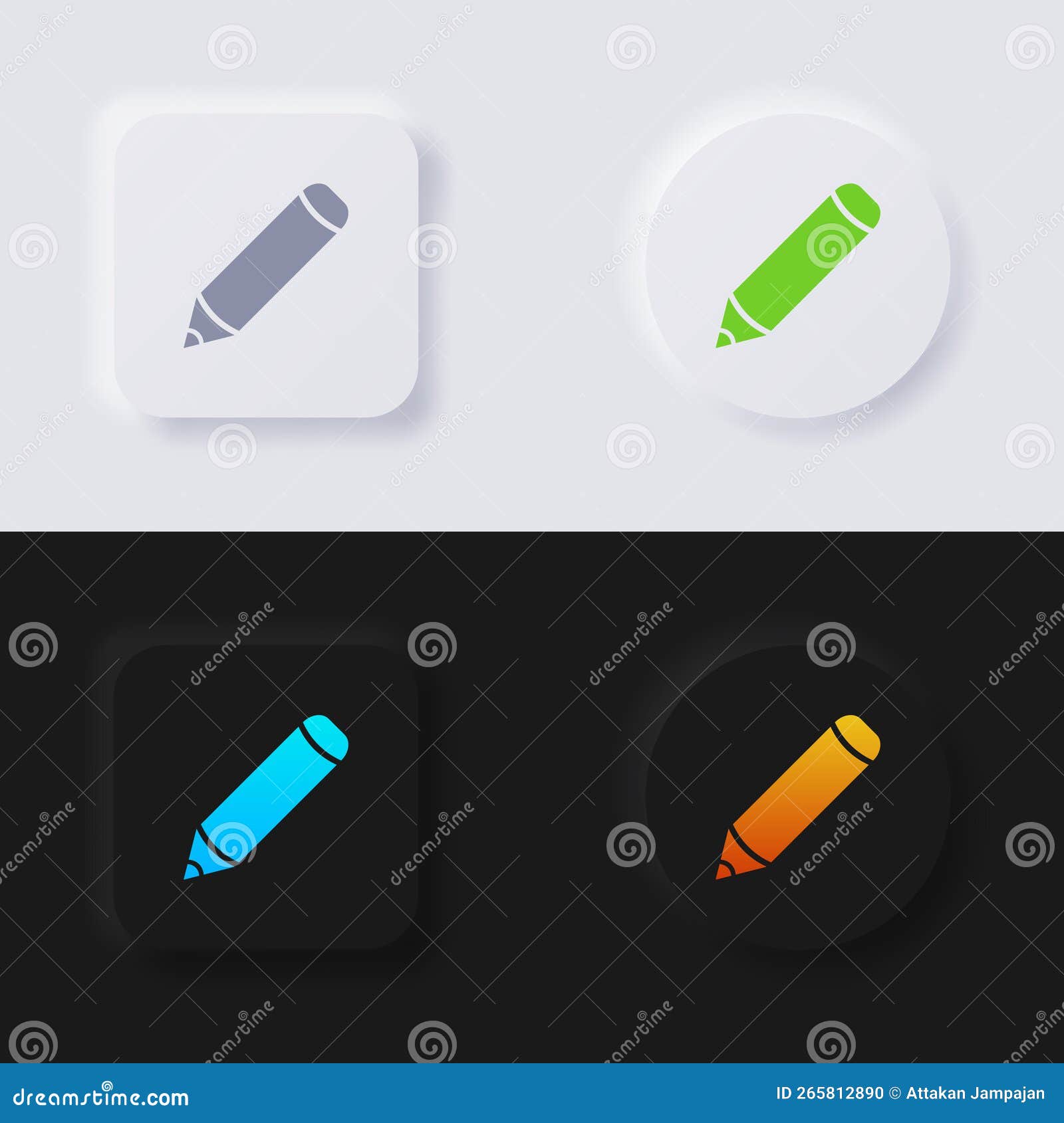 Pencil Button Icon Set, Multicolor Neumorphism Button Soft UI Design ...
