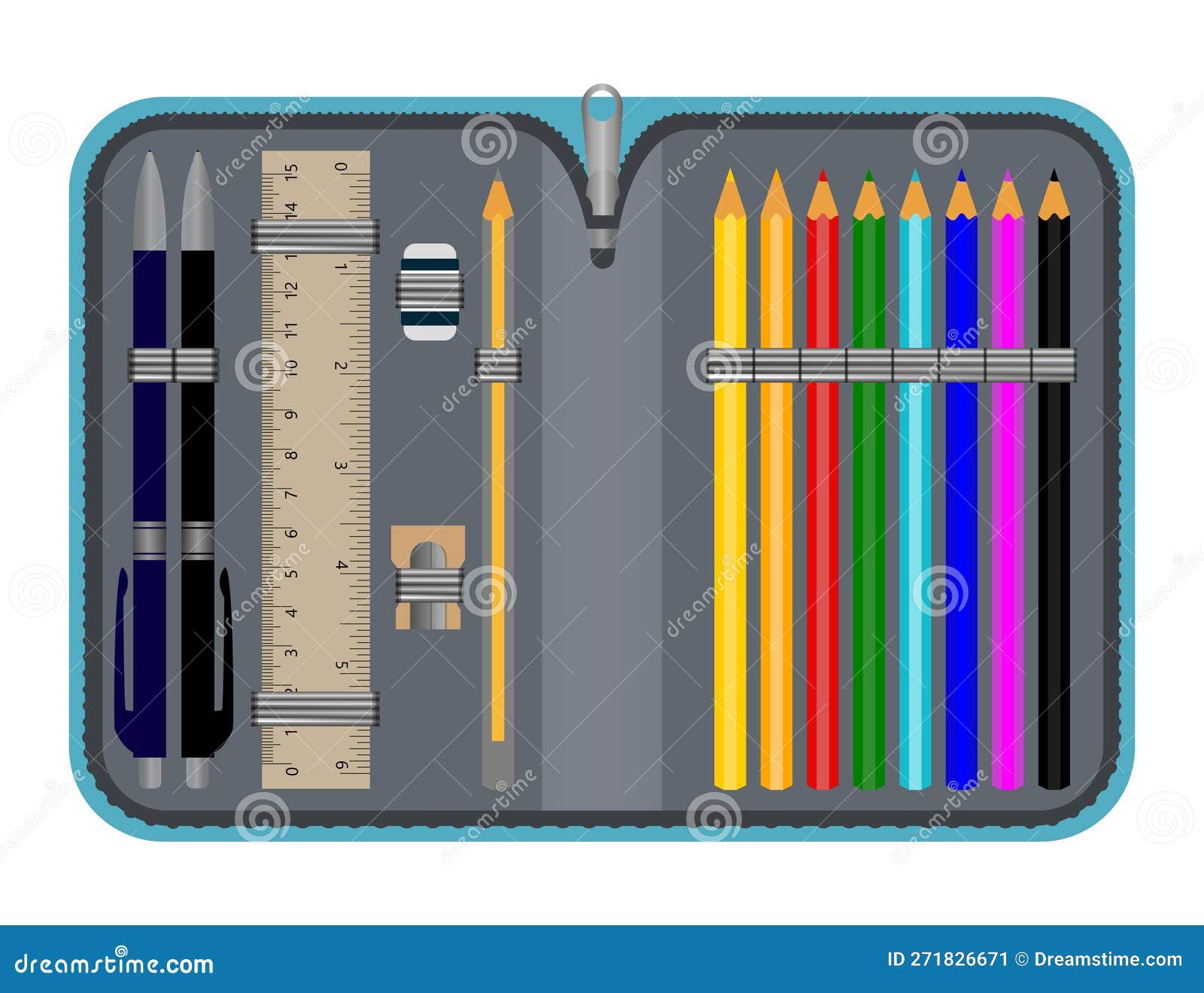 Pencil Case Box Set, School Supplies Equipments Stock Vector ...
