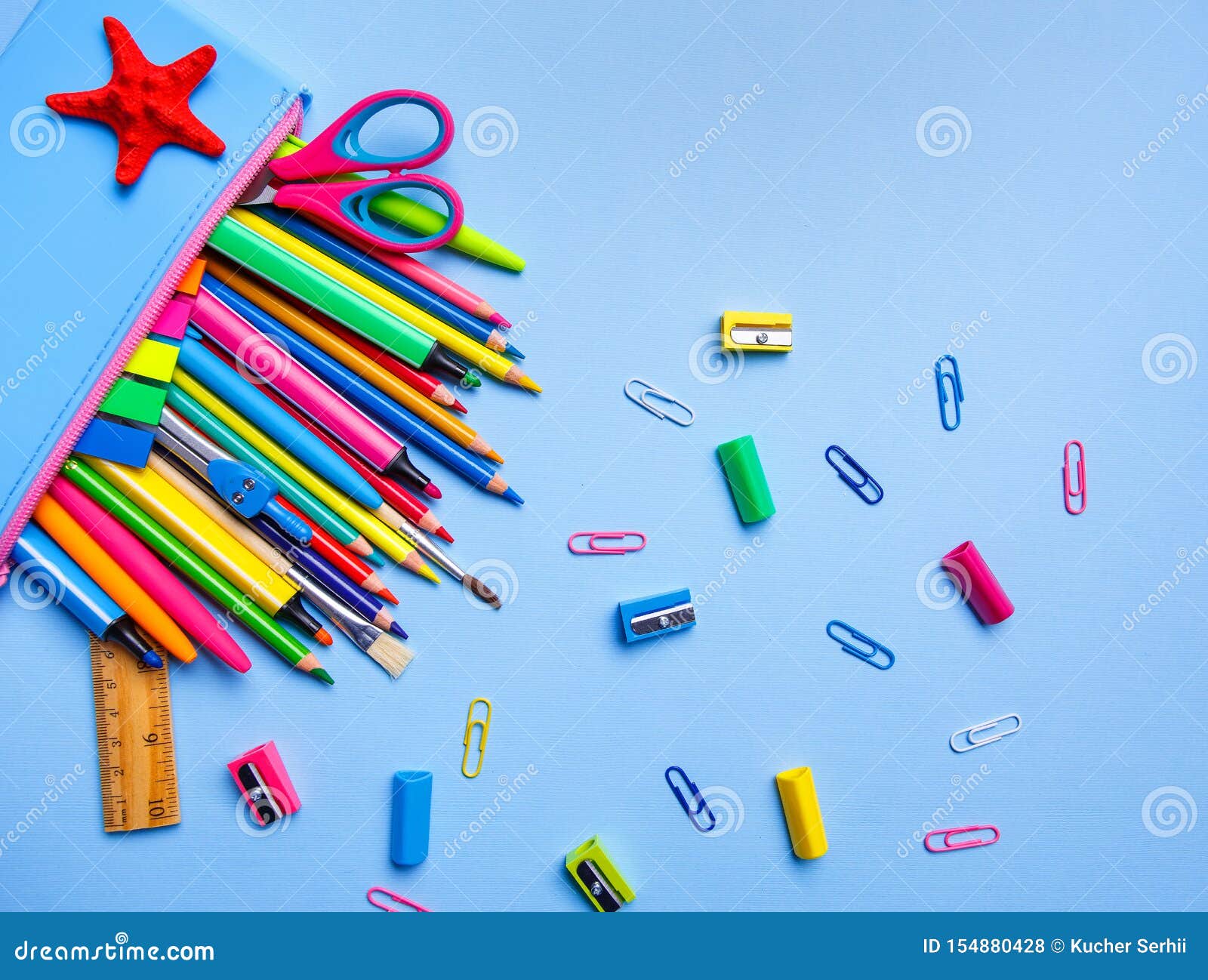Pencil Case with Bright Pens, Pencils and and Other Stuff Stock Photo ...