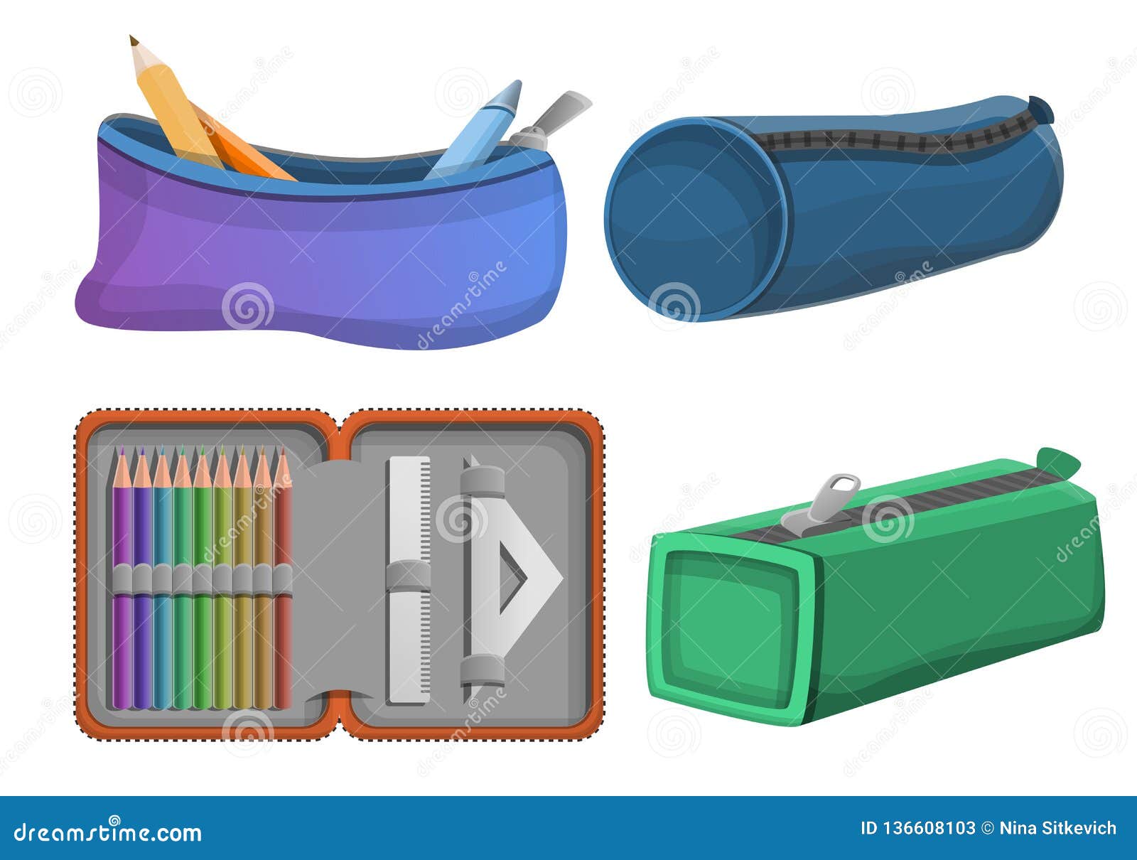 Pencil Case Icons Set, Cartoon Style Stock Vector - Illustration of ...