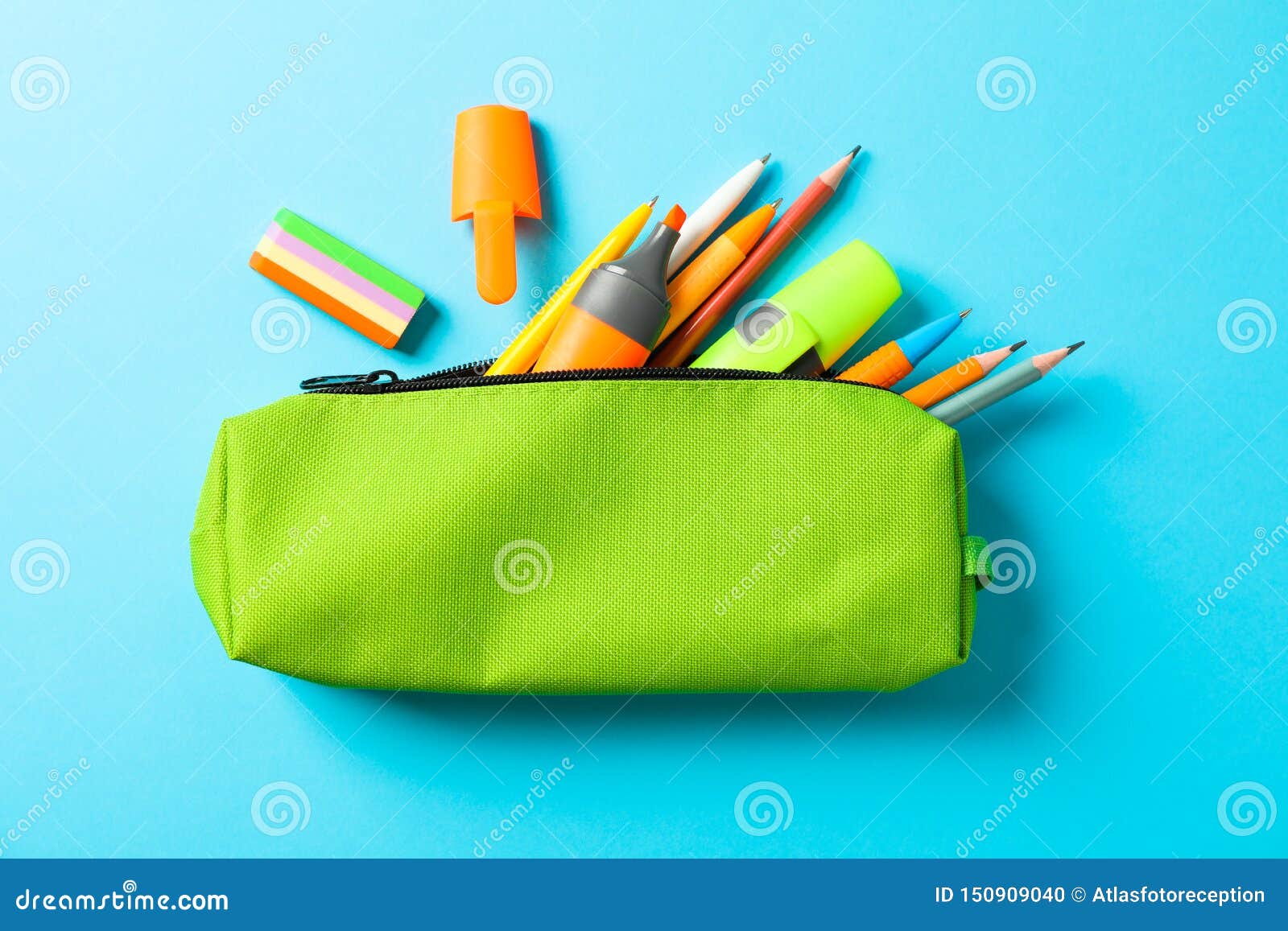 Pencil Case with School Supplies on Blue Background Stock Photo - Image ...