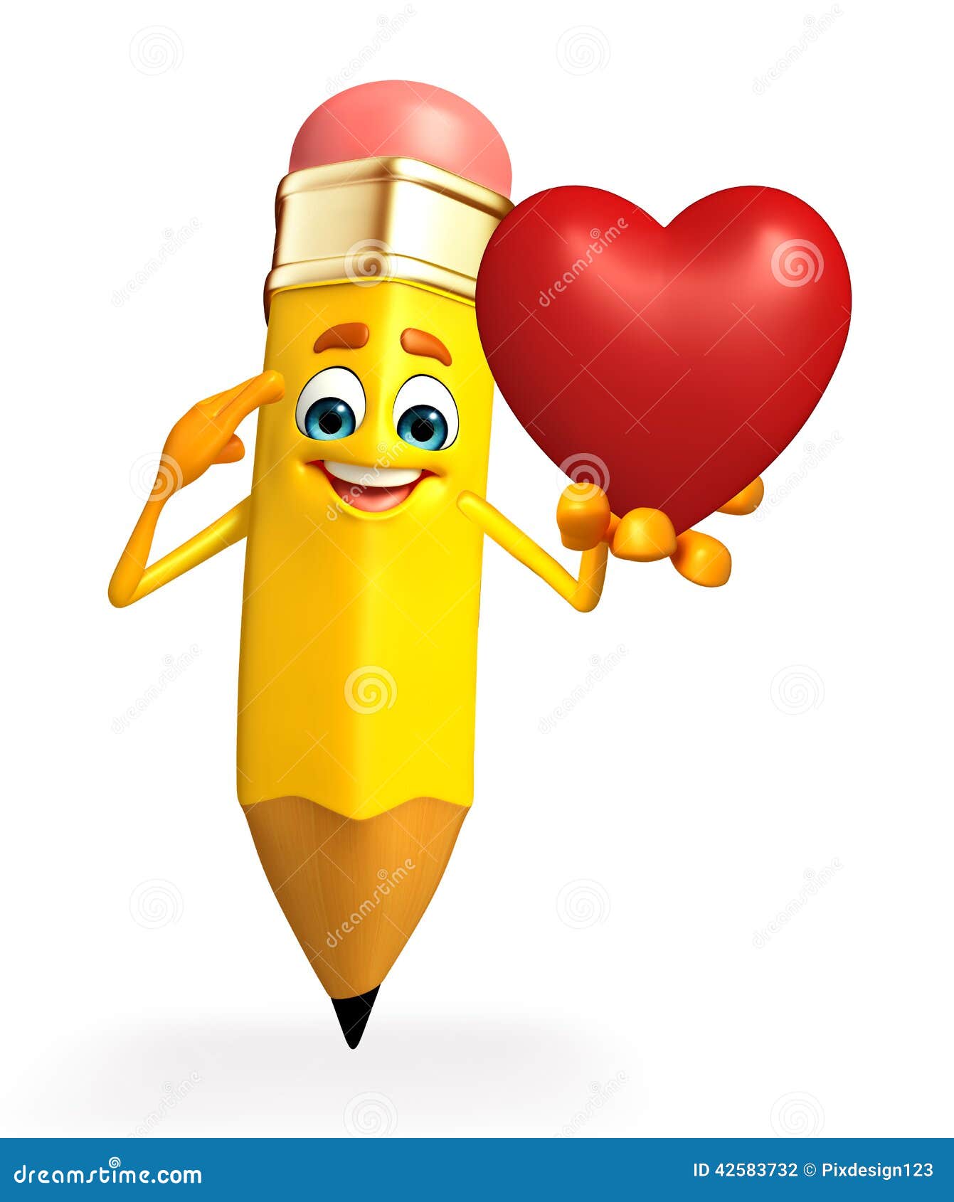 Pencil Character with Red Heart Stock Illustration - Illustration of ...