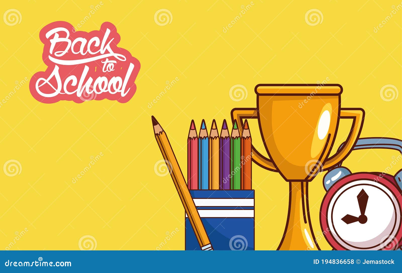 Pencil Colored Pencils Trophy and Clock of Back To School Vector Design ...
