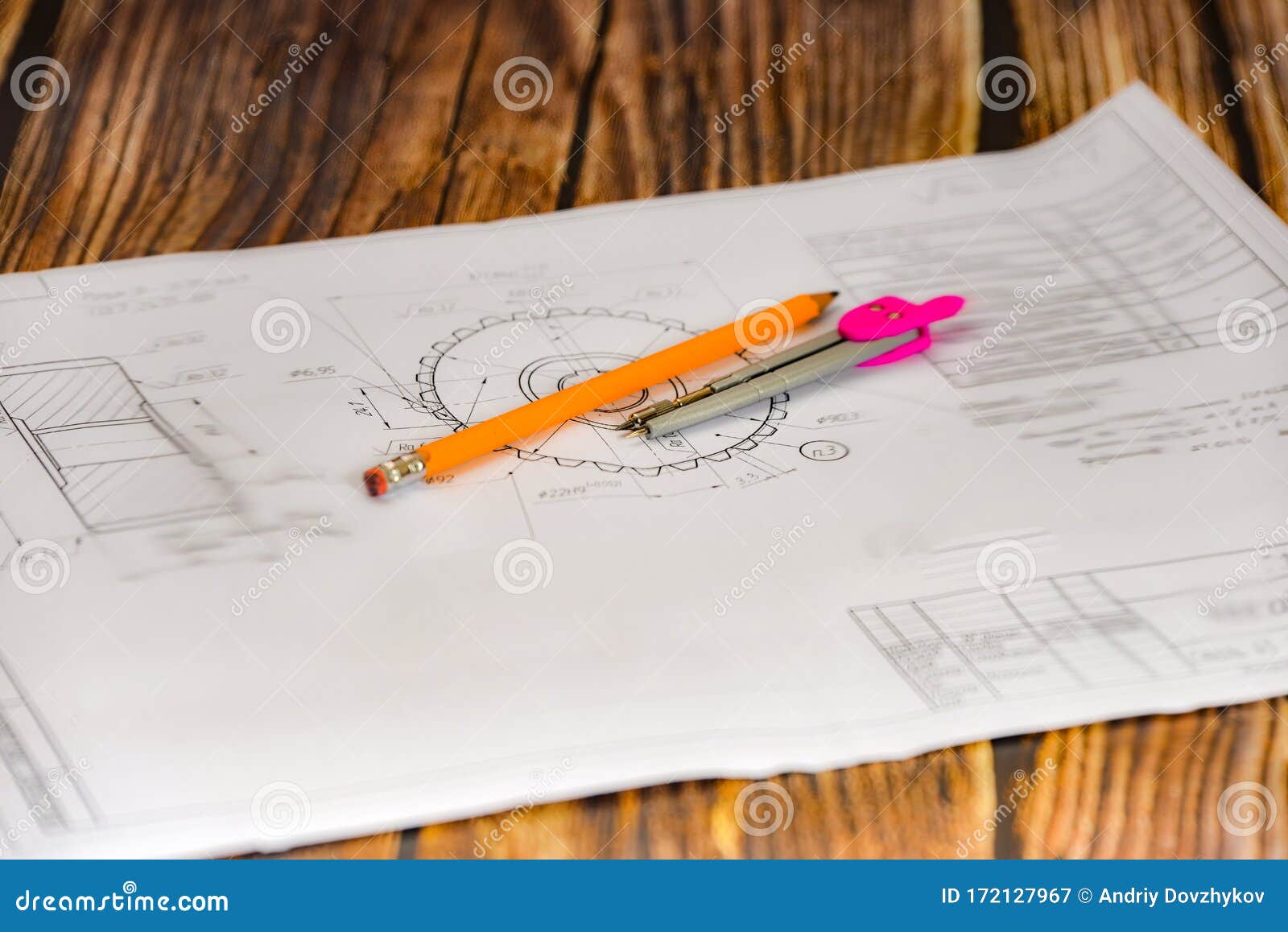 Pencil, Compass and Technical Drawing on a Dark Wooden Background Stock ...