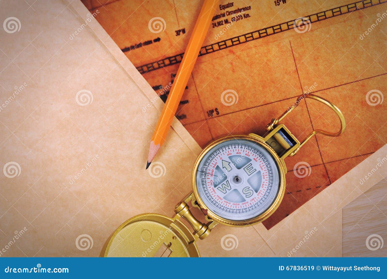 Pencil, Compass and Vintage Map on a Wooden Table. Stock Image - Image ...