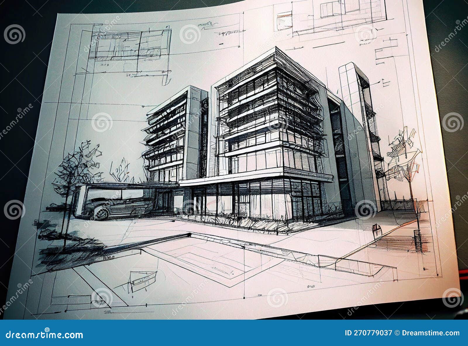Pencil Concept Sketch Drawing of Modern Building Made with Generative ...