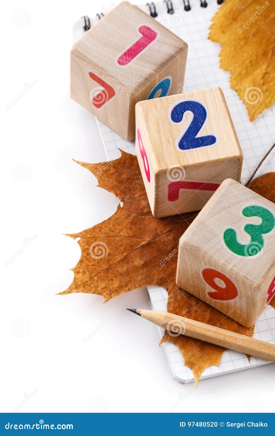 Pencil, Cubes with Figures and Autumn Leaves Stock Photo - Image of ...