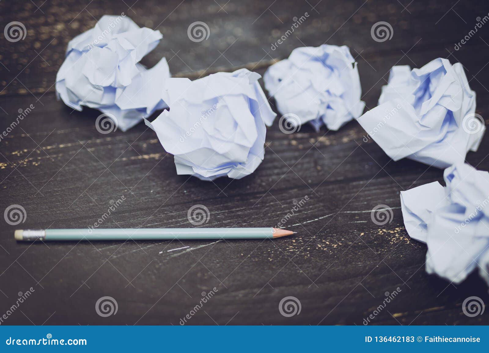 Pencil on Desk and Scrunched Paper Balls Stock Image - Image of desk ...