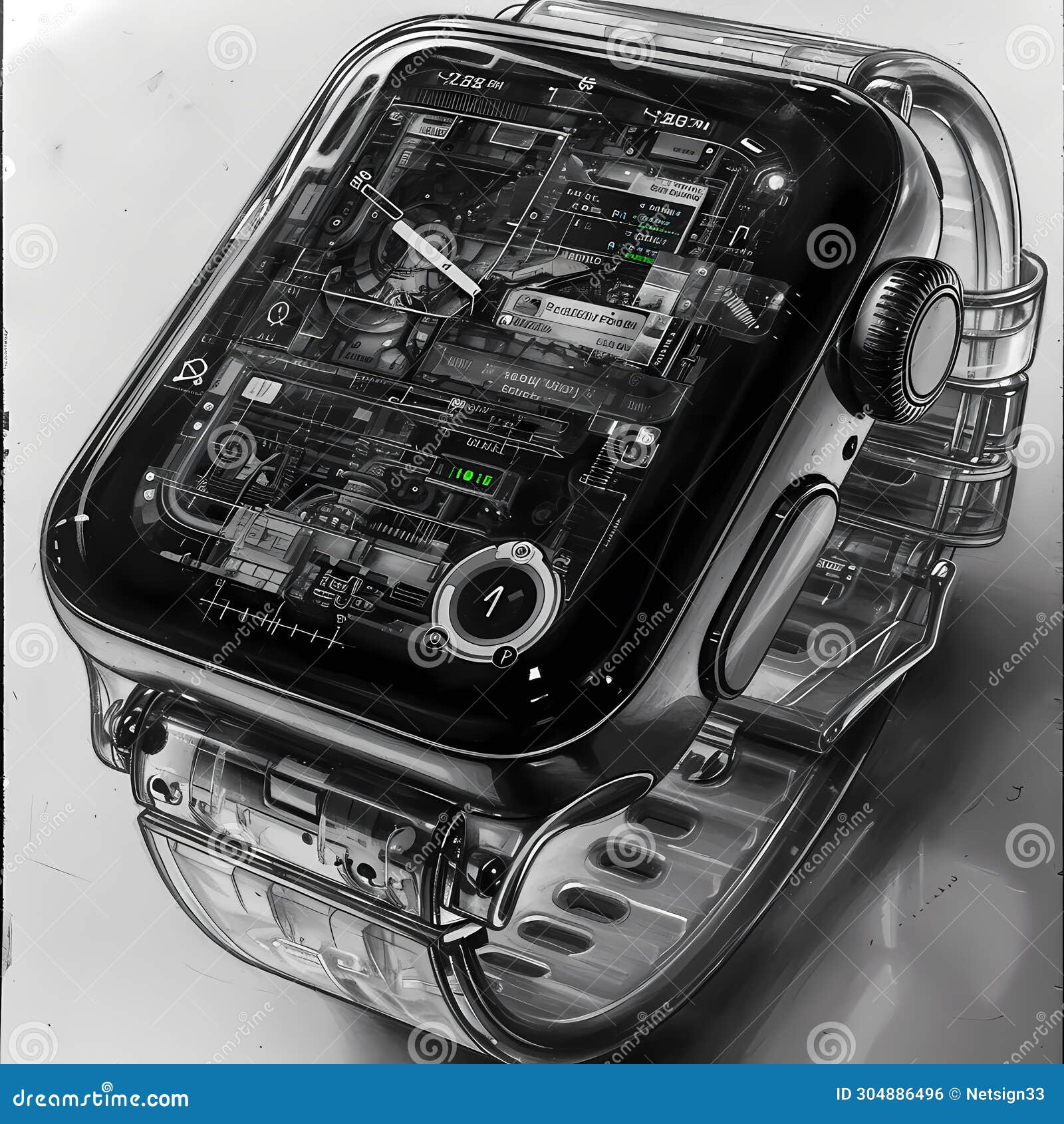 A Pencil Drawing of Concept Smart Watch, a Digital Watch with a Black ...