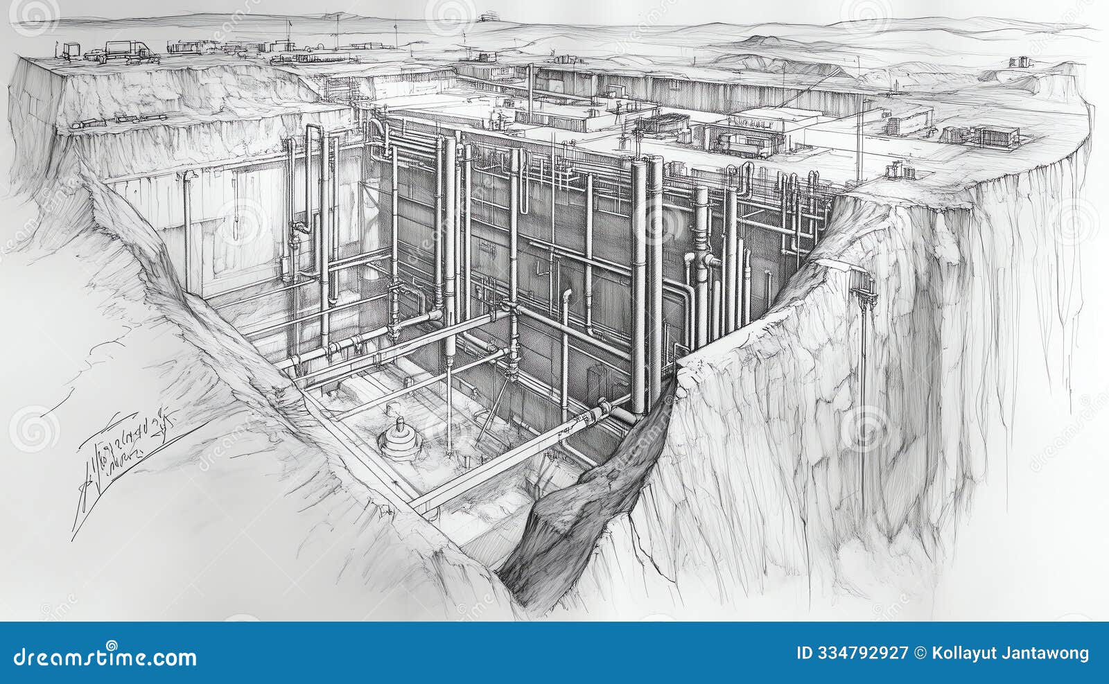 Pencil Drawing of a Construction Site Concept - Detailed Site ...