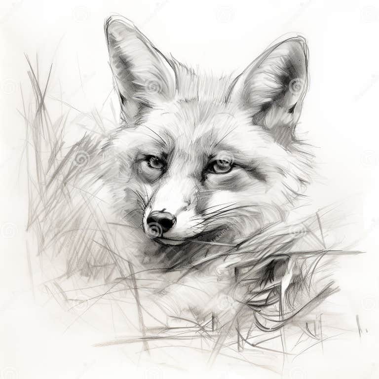 Pencil Drawing of a Fox in the Grass - Digital Art Techniques Stock ...