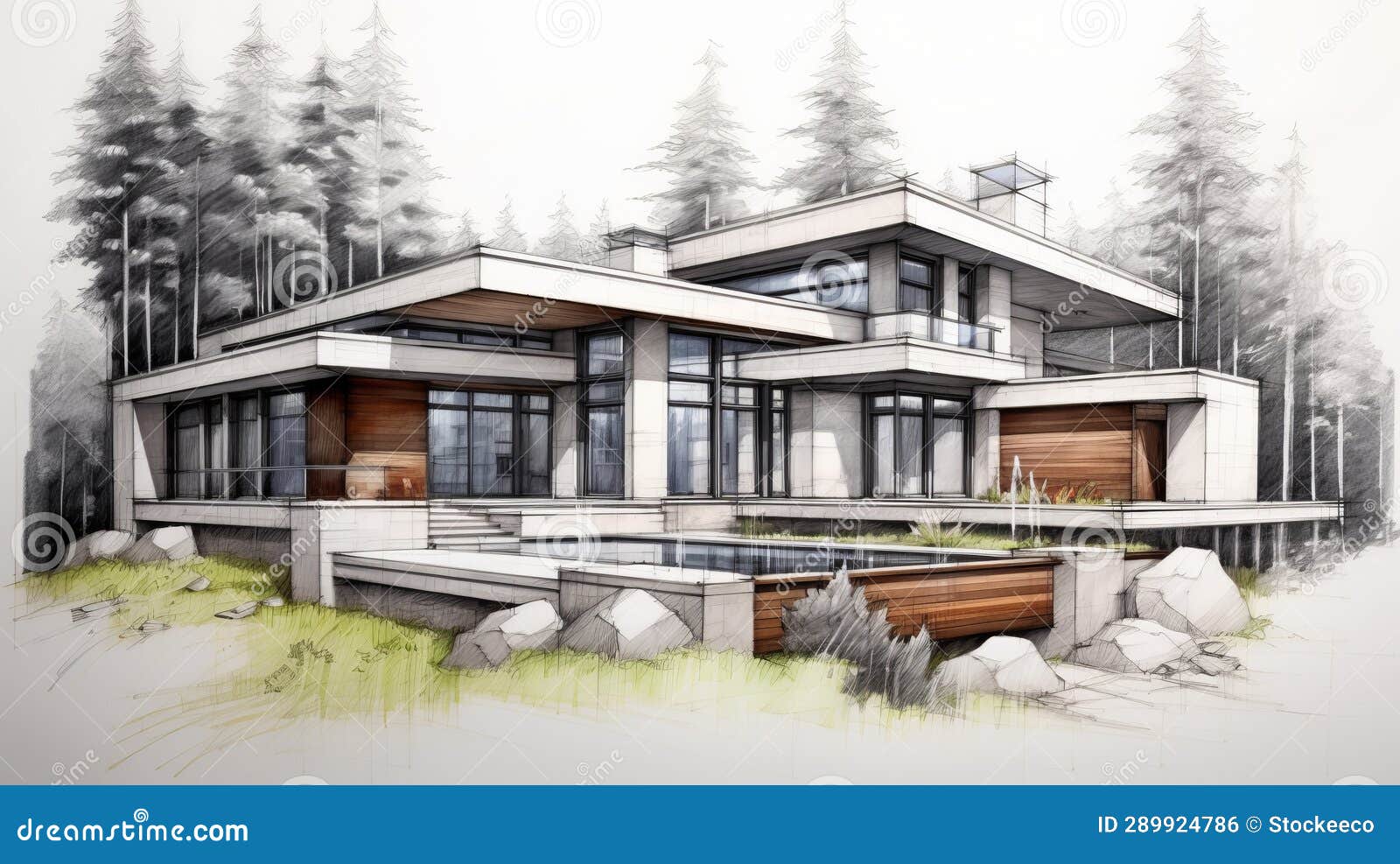 Pencil Drawing of Modern Forest Luxury Villa Facade Elevation Stock ...
