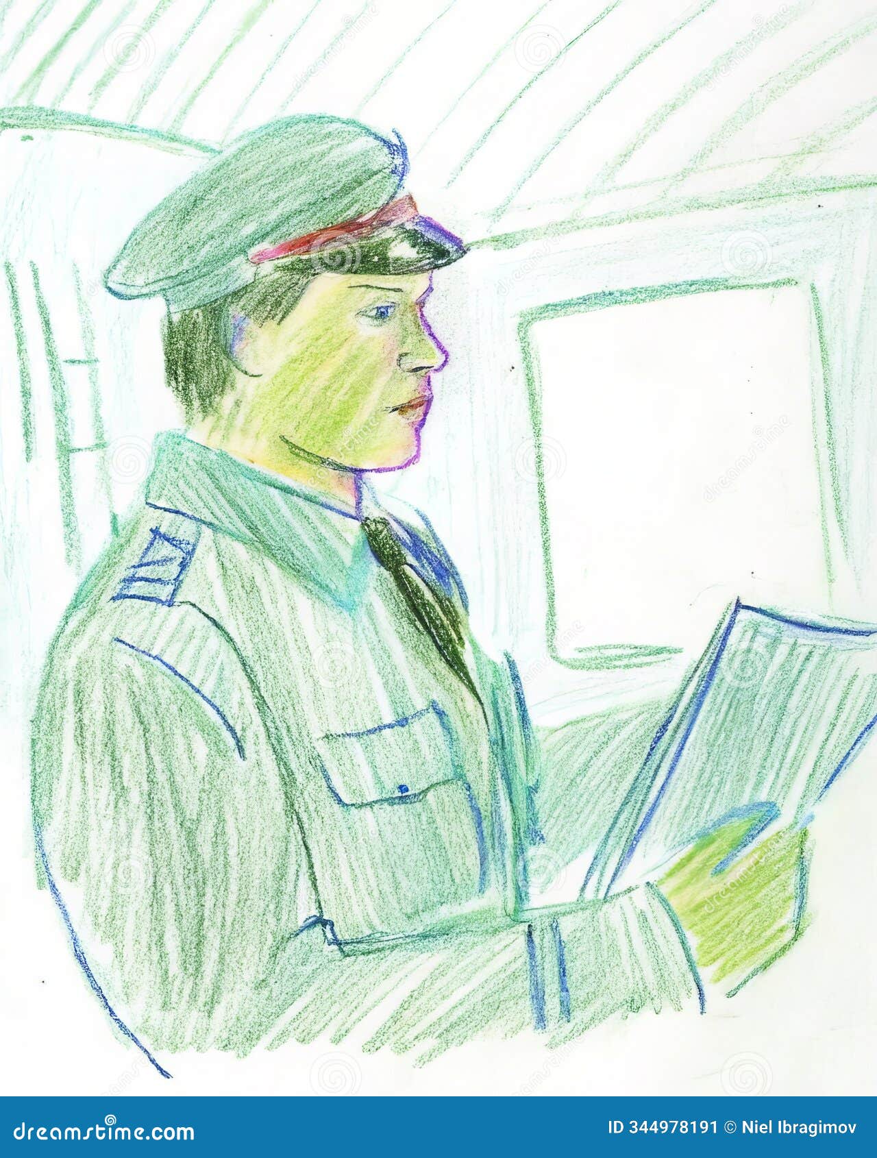 Pencil Drawing of Pilot in Uniform Reading Instructions in Cockpit ...