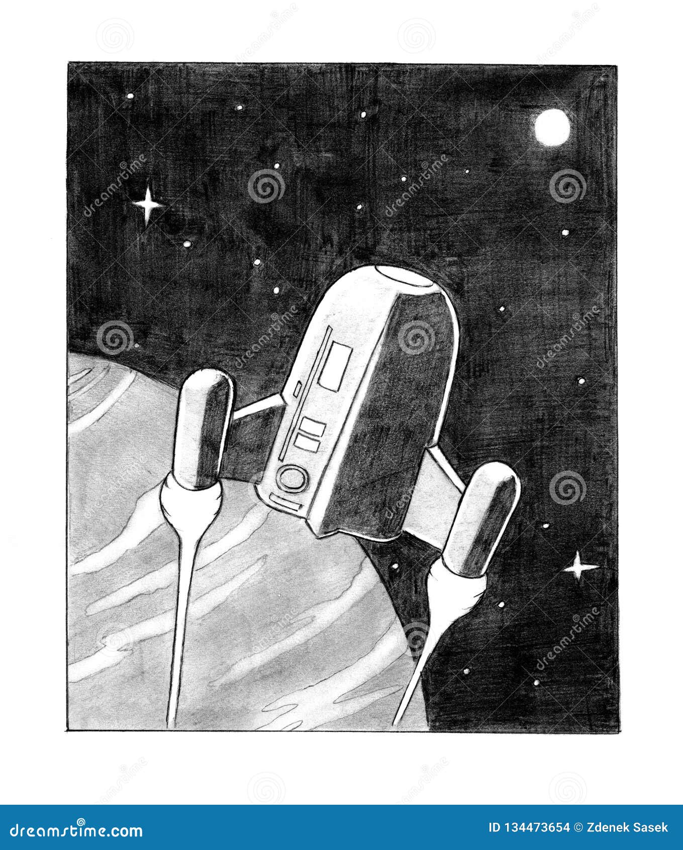 Pencil Drawing of Sci-fi Spaceship on Planet Orbit Stock Illustration ...