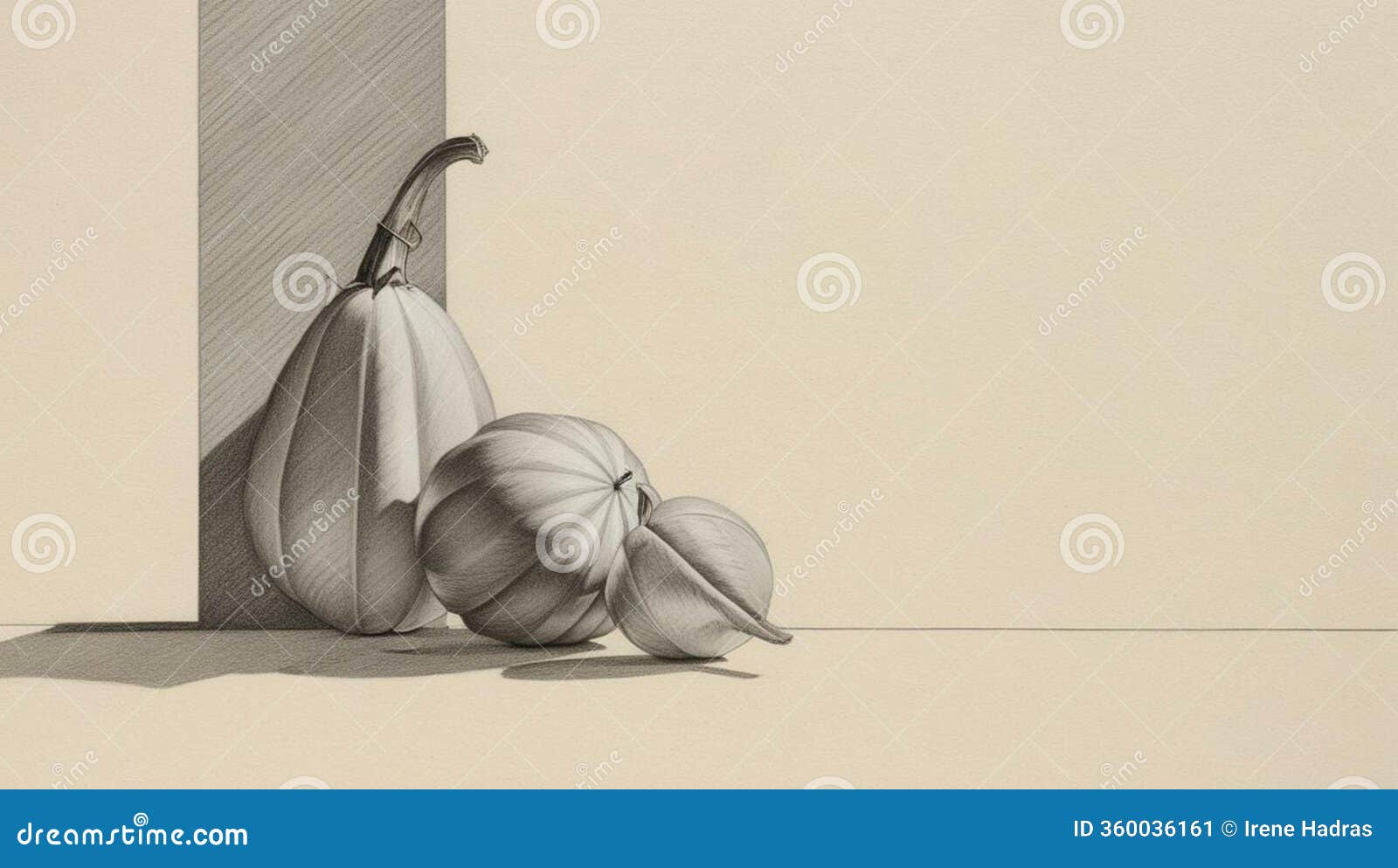 A Pencil Drawing of Two Pumpkins Leaning Against a Vertical Rectangular ...