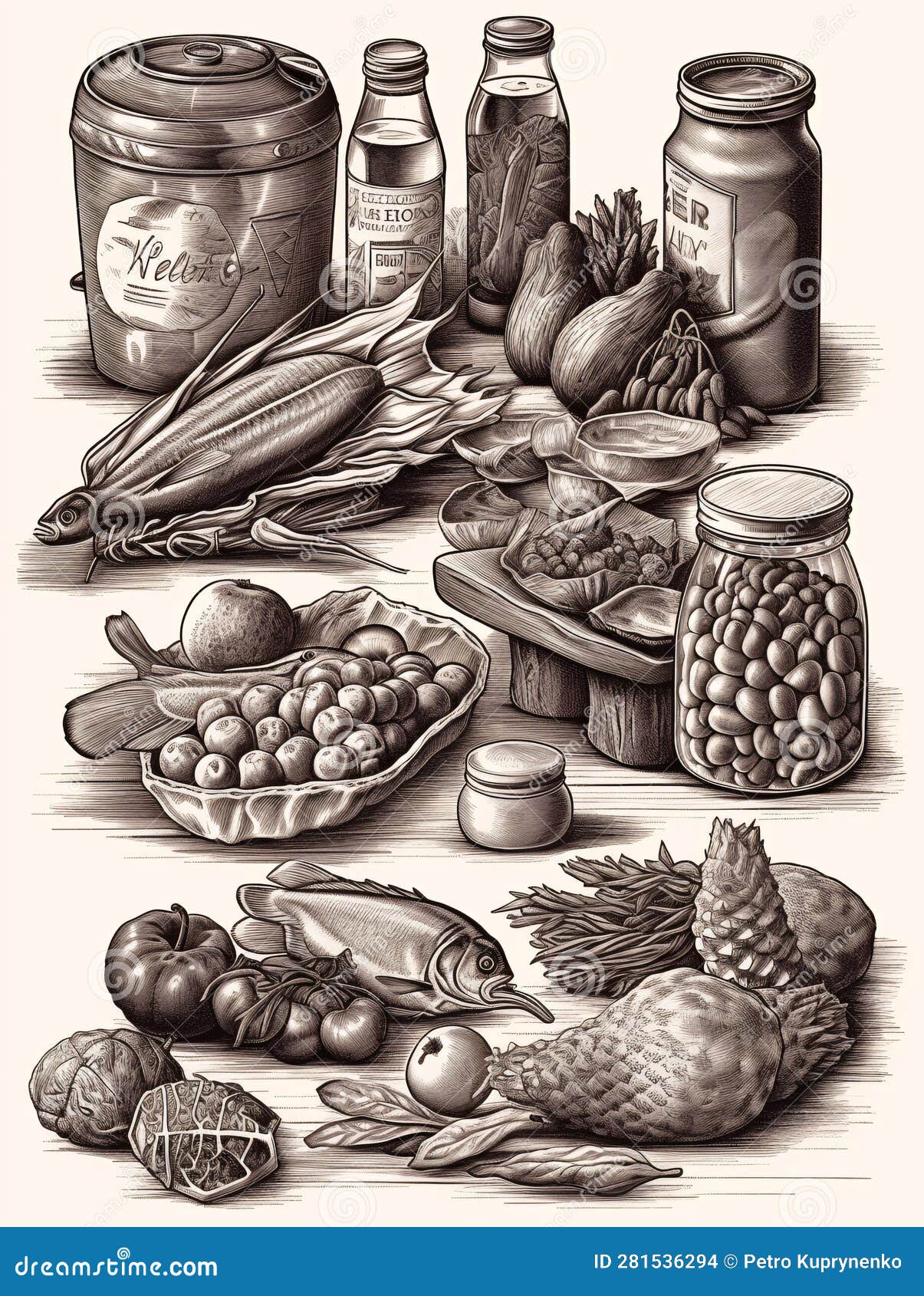 Pencil Drawing of Various Food Products. AI Generated Stock ...