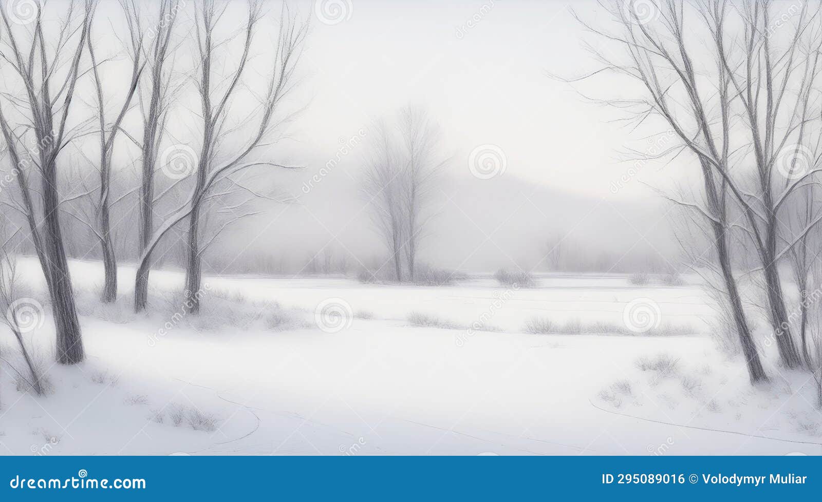 Pencil Drawing of a Winter Landscape with Trees in a Meadow Stock ...