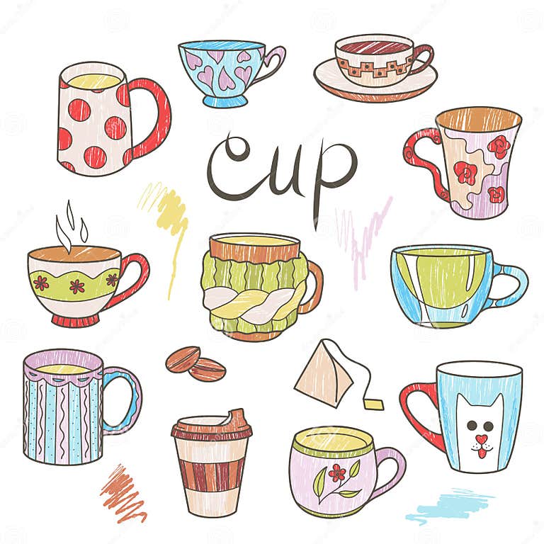 Pencil Drawings, Cup Set, Fun Cups Vector Stock Vector - Illustration ...