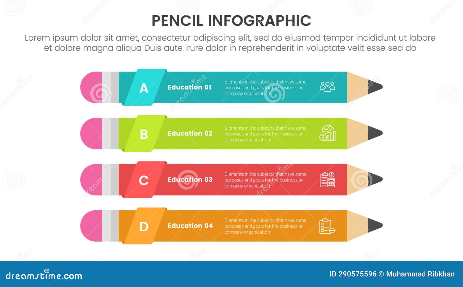 Pencil Education Infographic 4 Point Stage Template with Long Pencil ...