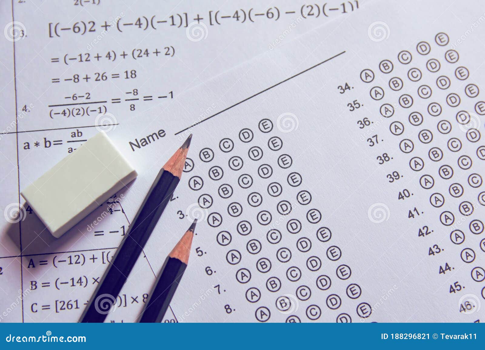 Pencil and Eraser on Answer Sheets or Standardized Test Form with ...