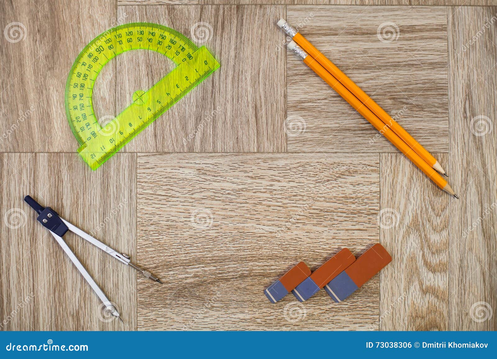 Pencil, Eraser, Circinus and Protractor Ruler on a Wooden Texture Stock ...