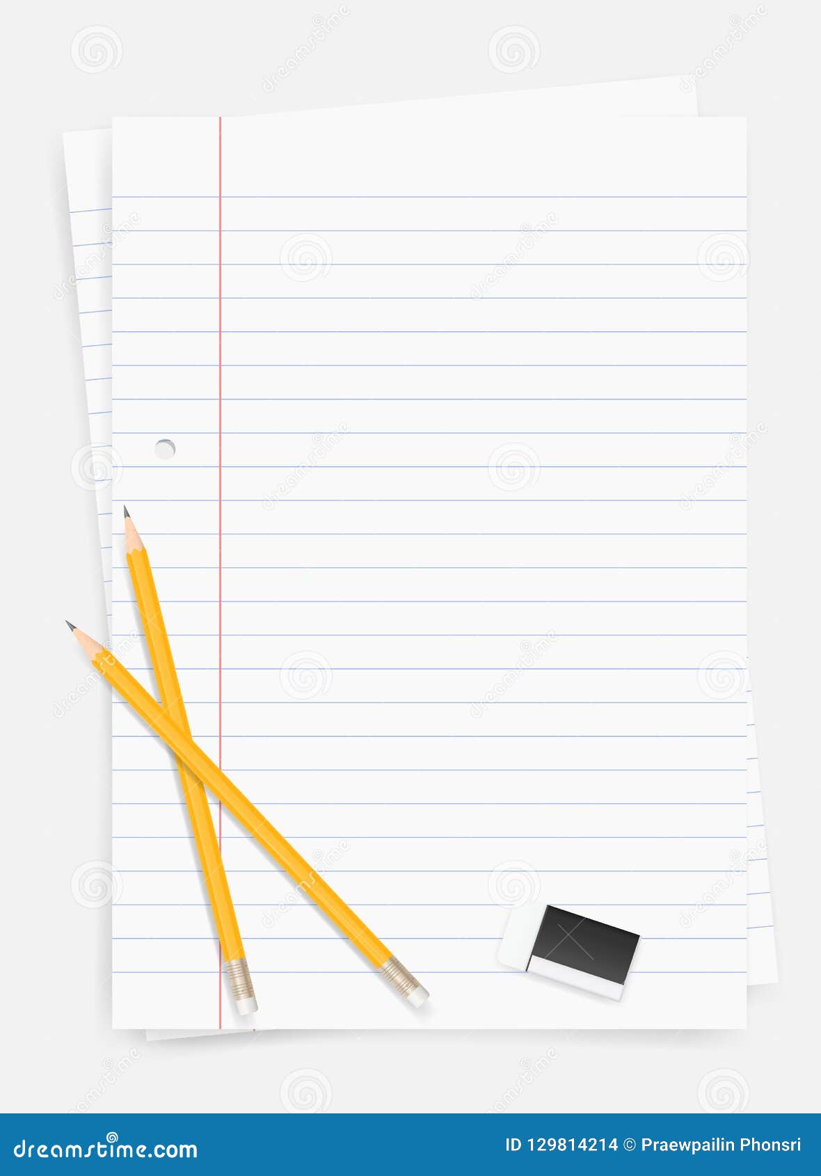 Pencil and Eraser on White Paper Sheet Background. Stock Vector ...