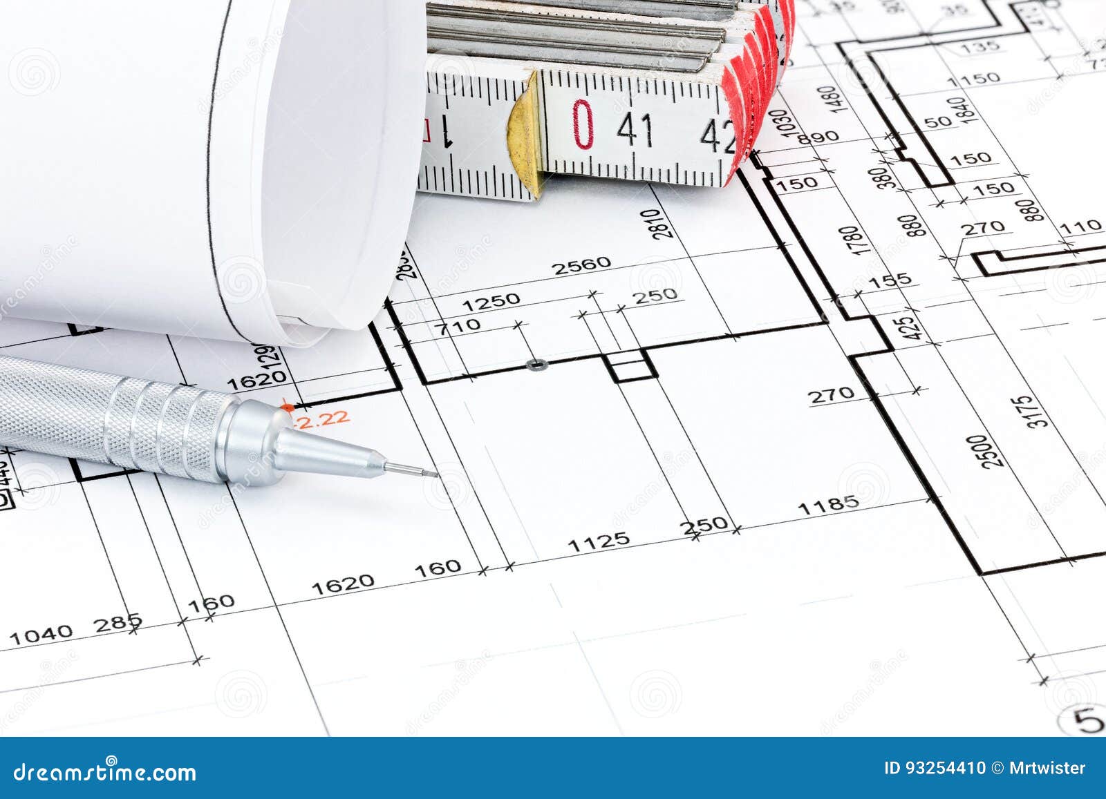 Pencil and Folding Ruler on Architectural Blueprint Floor Plan Stock ...