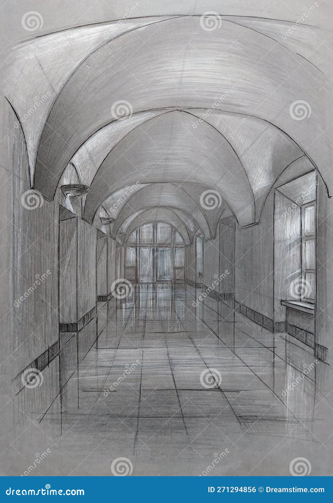 Pencil Hall Drawing. Old Architectural Arches. Historical Interior ...