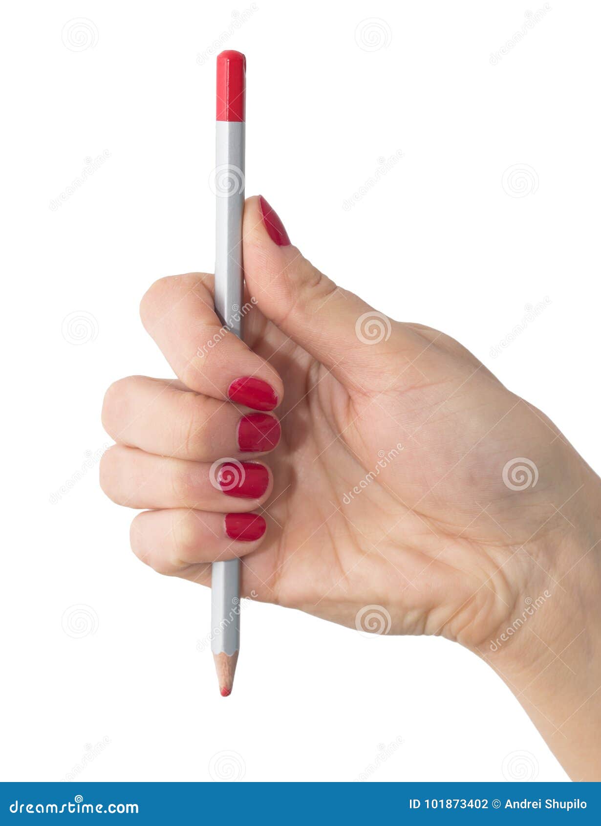 Pencil in Hand with Red Nail Polish on a White Background Stock Photo ...