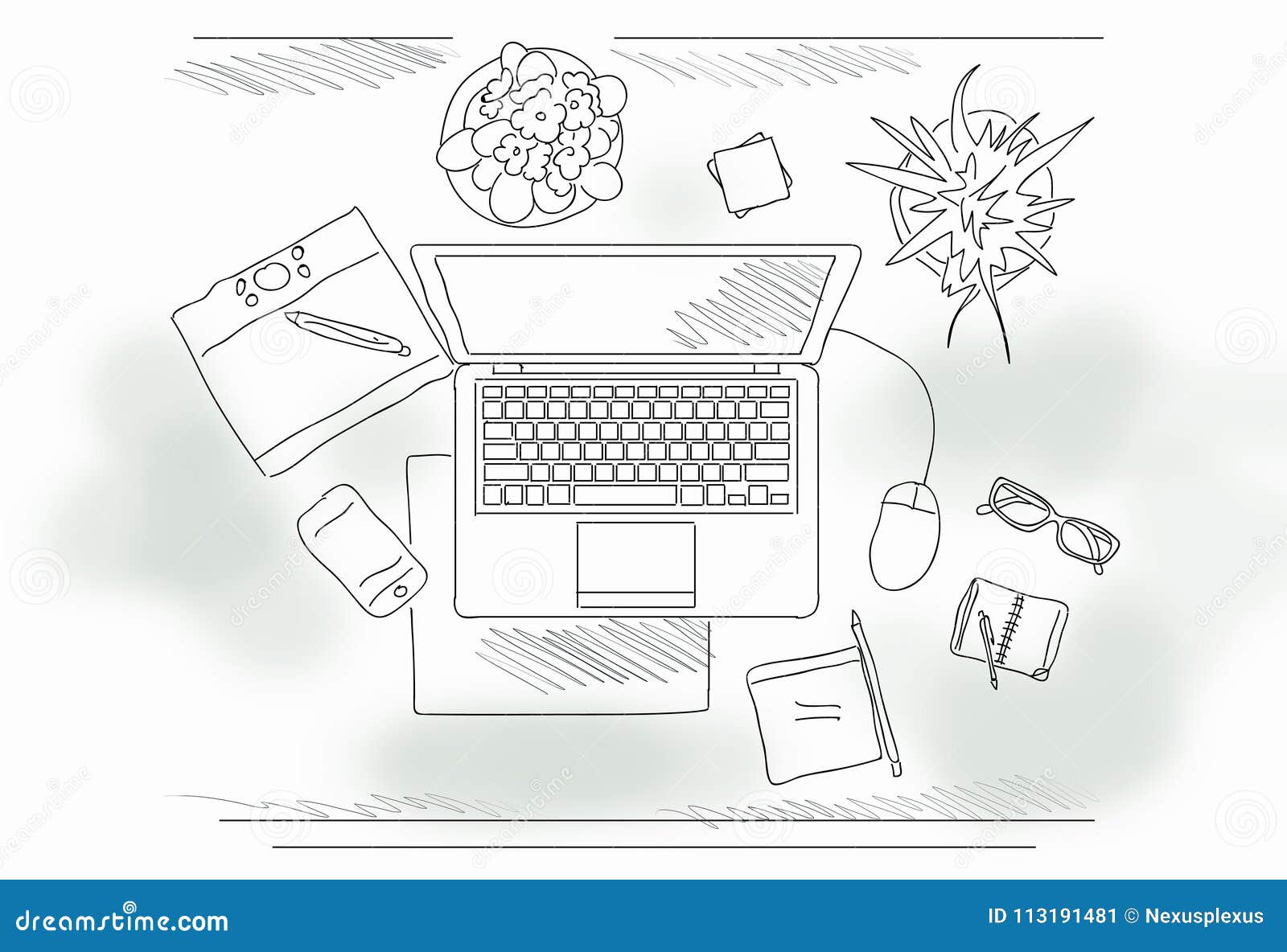 Drawn Image of Work Table with Objects Stock Illustration ...