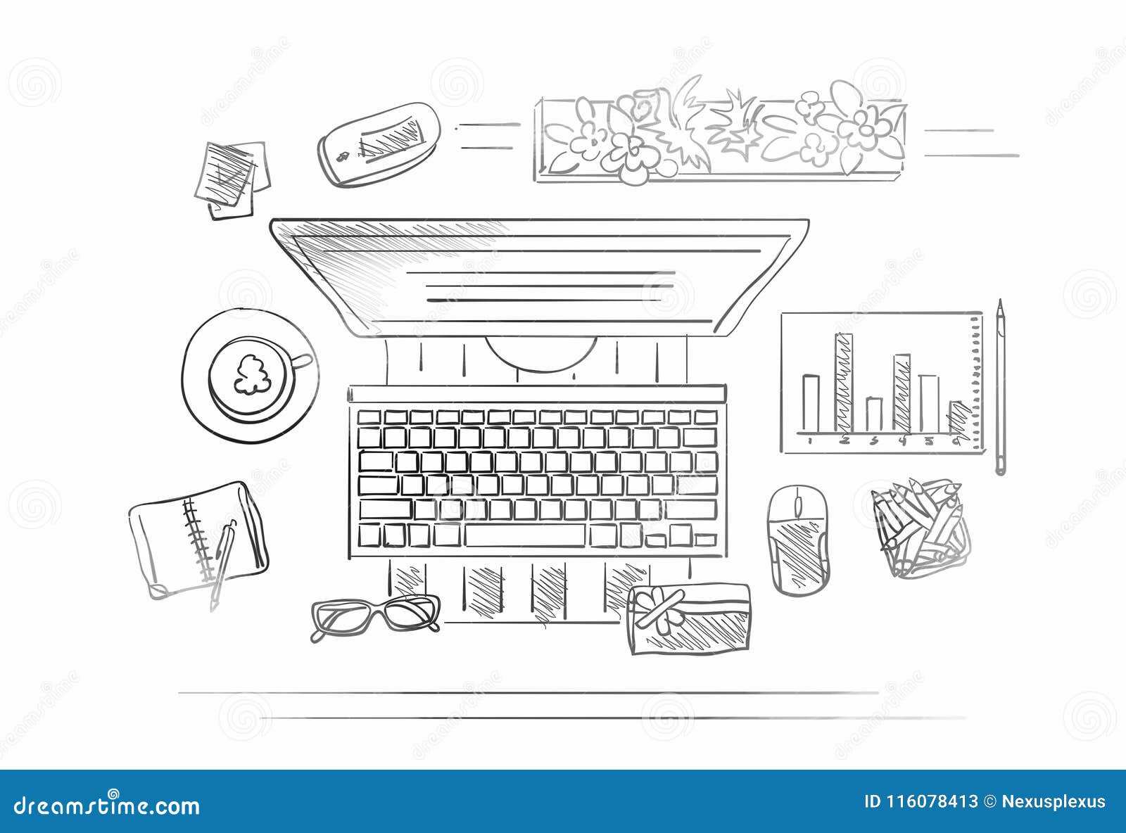 Drawn Image of Work Table with Objects Stock Illustration ...