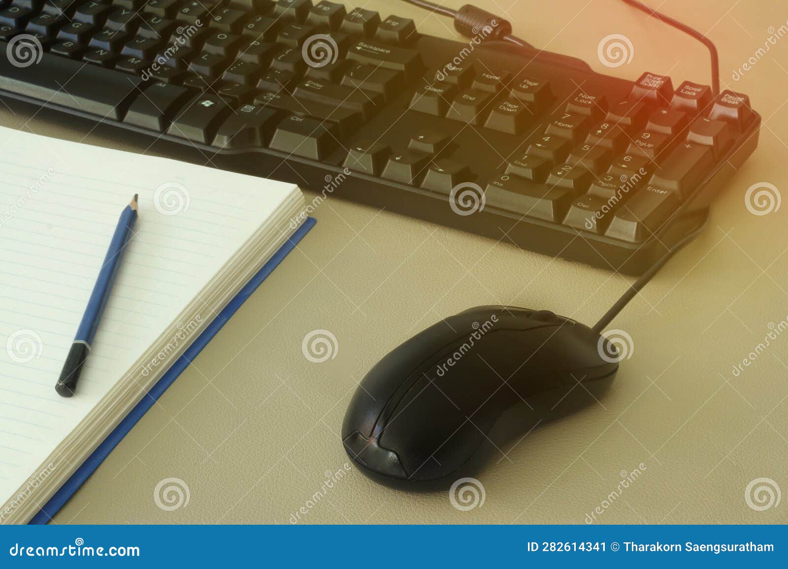 Pencil on Notebook ,mouse and Keyboard Stock Image - Image of desktop ...